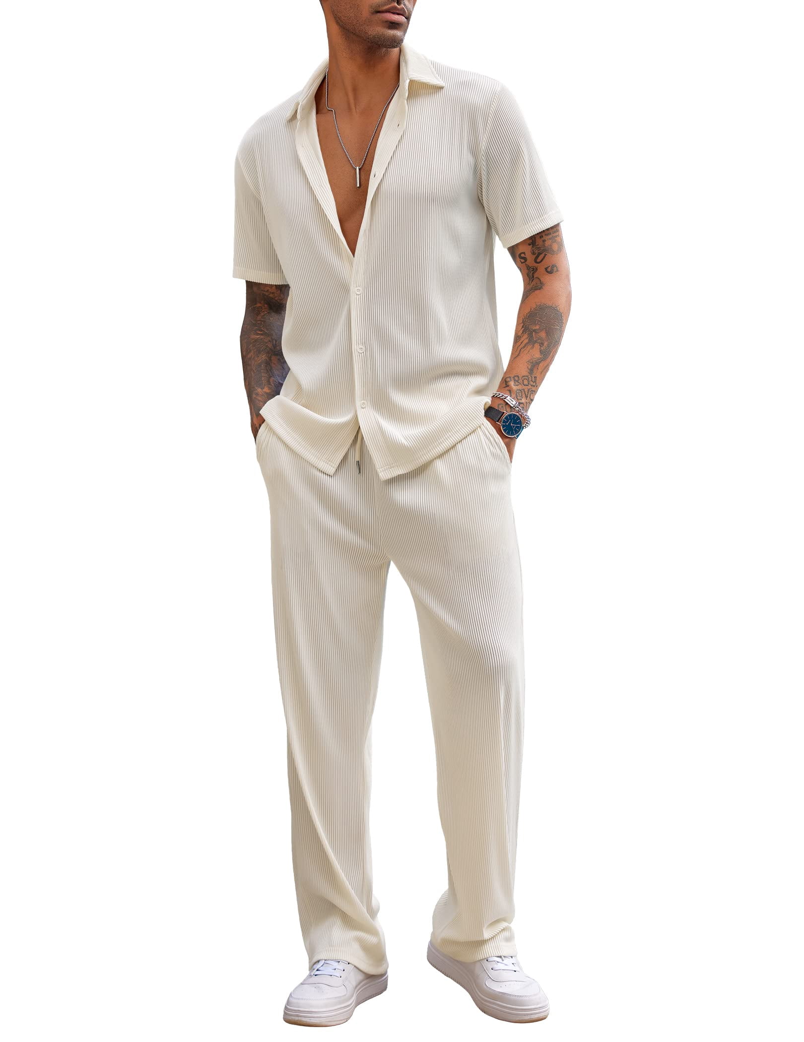 COOFANDY Men Sets Outfits 2 Piece Beach Wedding Shirts Casual Loose ...