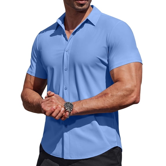 COOFANDY Men' Untucked Dress Shirts Short Sleeve Stretch Wrinkle Free ...