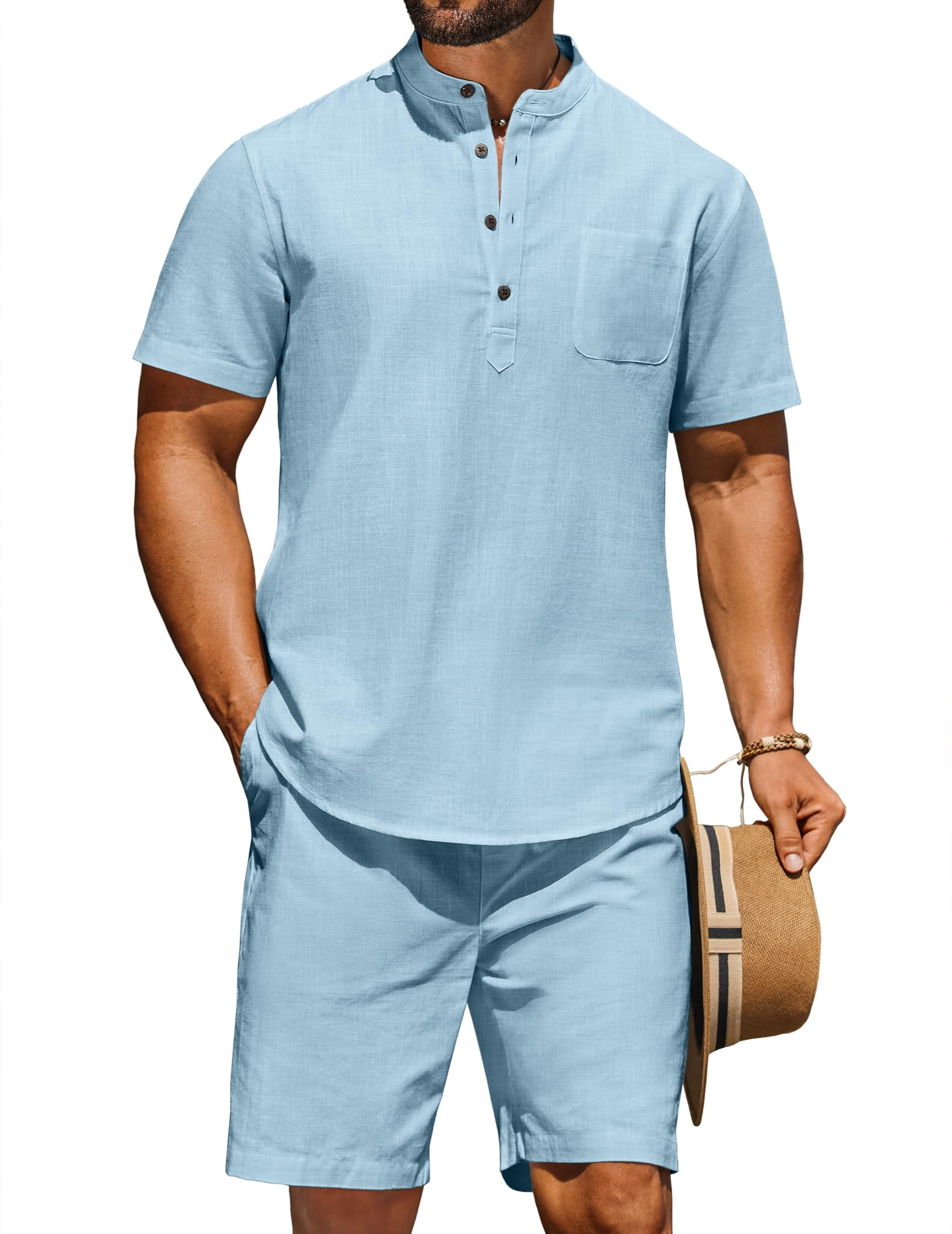 COOFANDY Men's 2 Piece Linen Sets Casual Short Sleeve Henley Shirt and ...