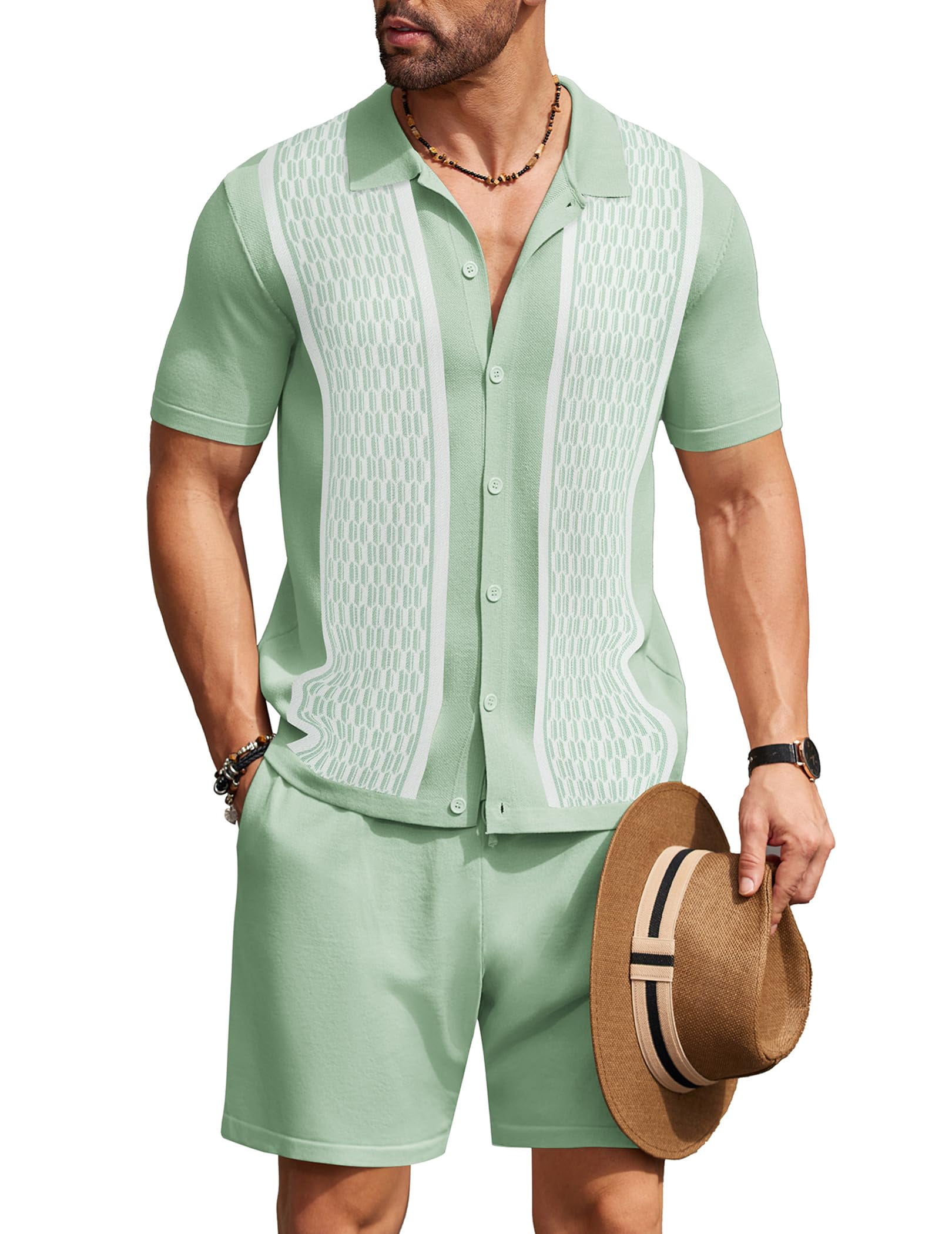 COOFANDY Men's 2 Piece Outfit Vintage Short Sleeve Knit Shirts Sets ...