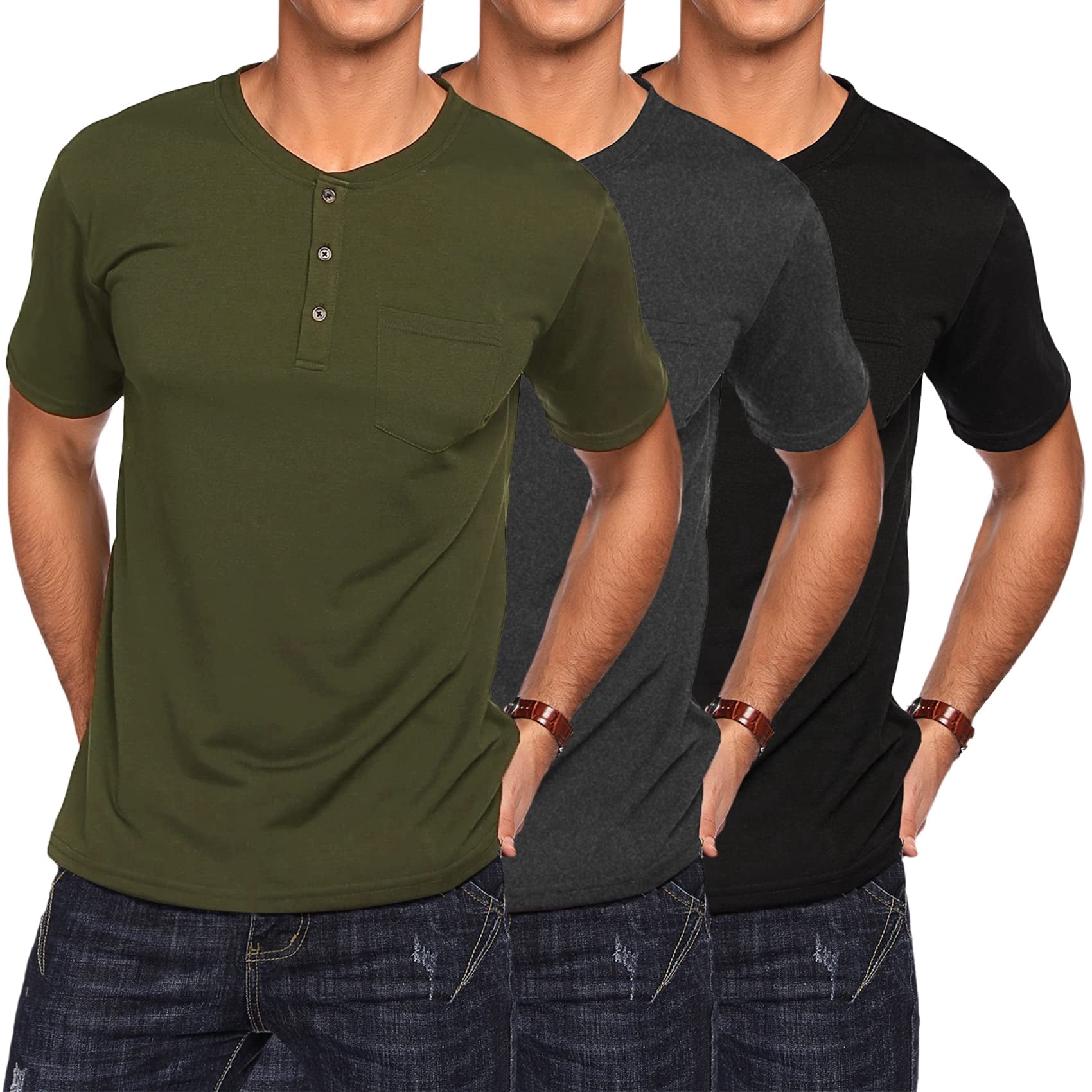 COOFANDY Men's 3 Pack Henley Shirts Short Sleeve Casual Basic Cotton ...