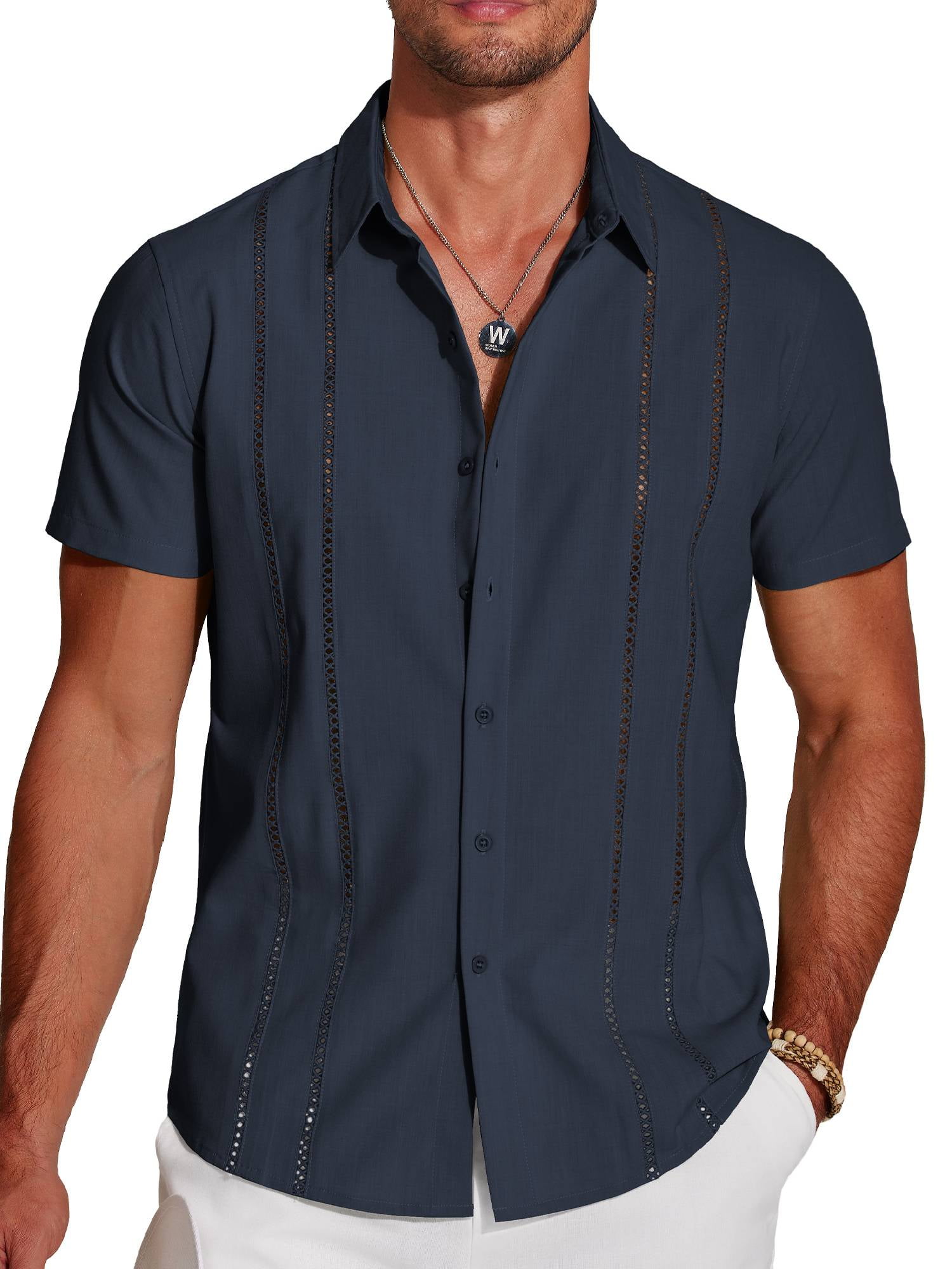 COOFANDY Men's Button Down Short Sleeve Shirt Cuban Guayabera Casual Summer Linen Beach Shirt ...