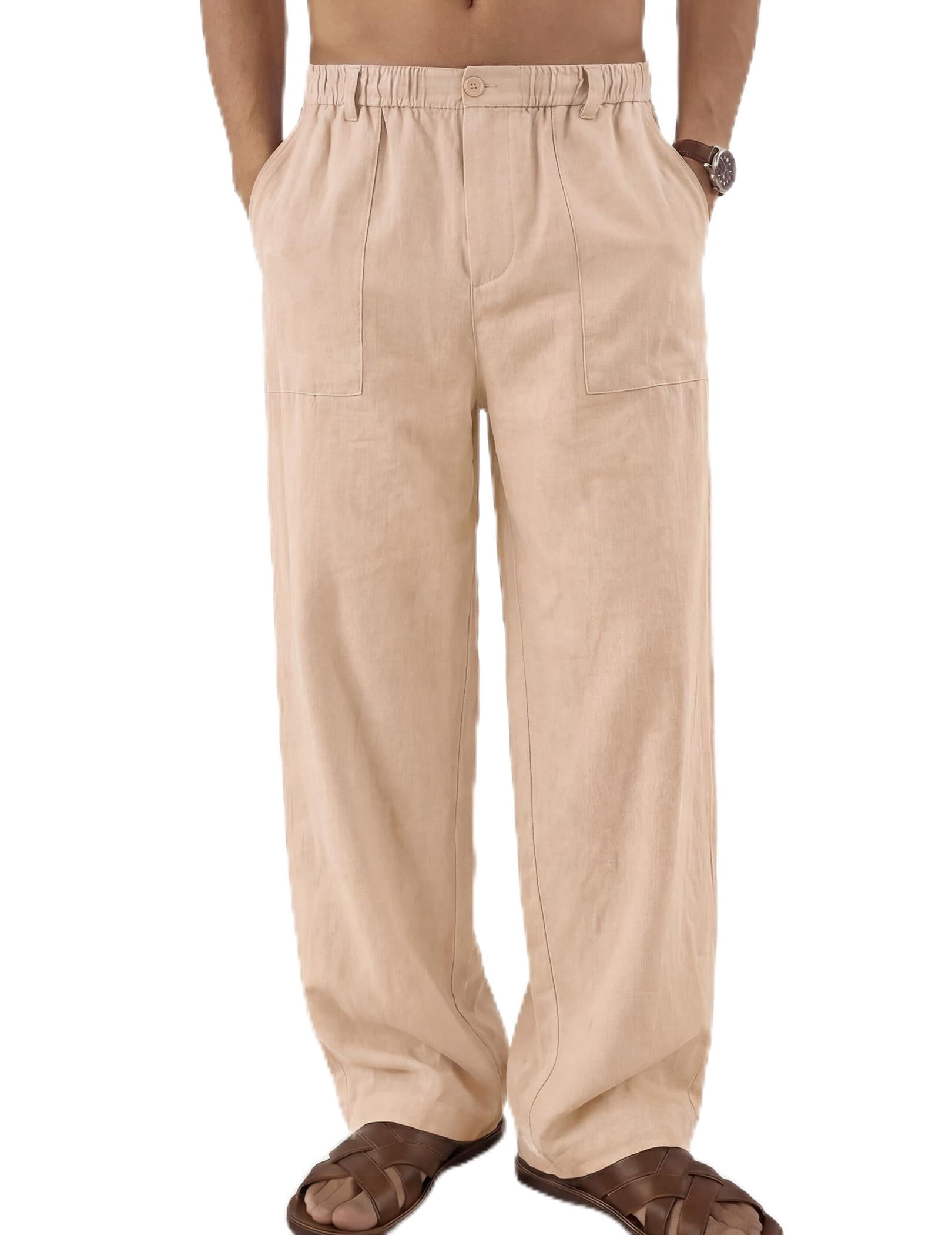 COOFANDY Men's Casual Linen Cotton Pants Elastic Waist Summer Beach ...