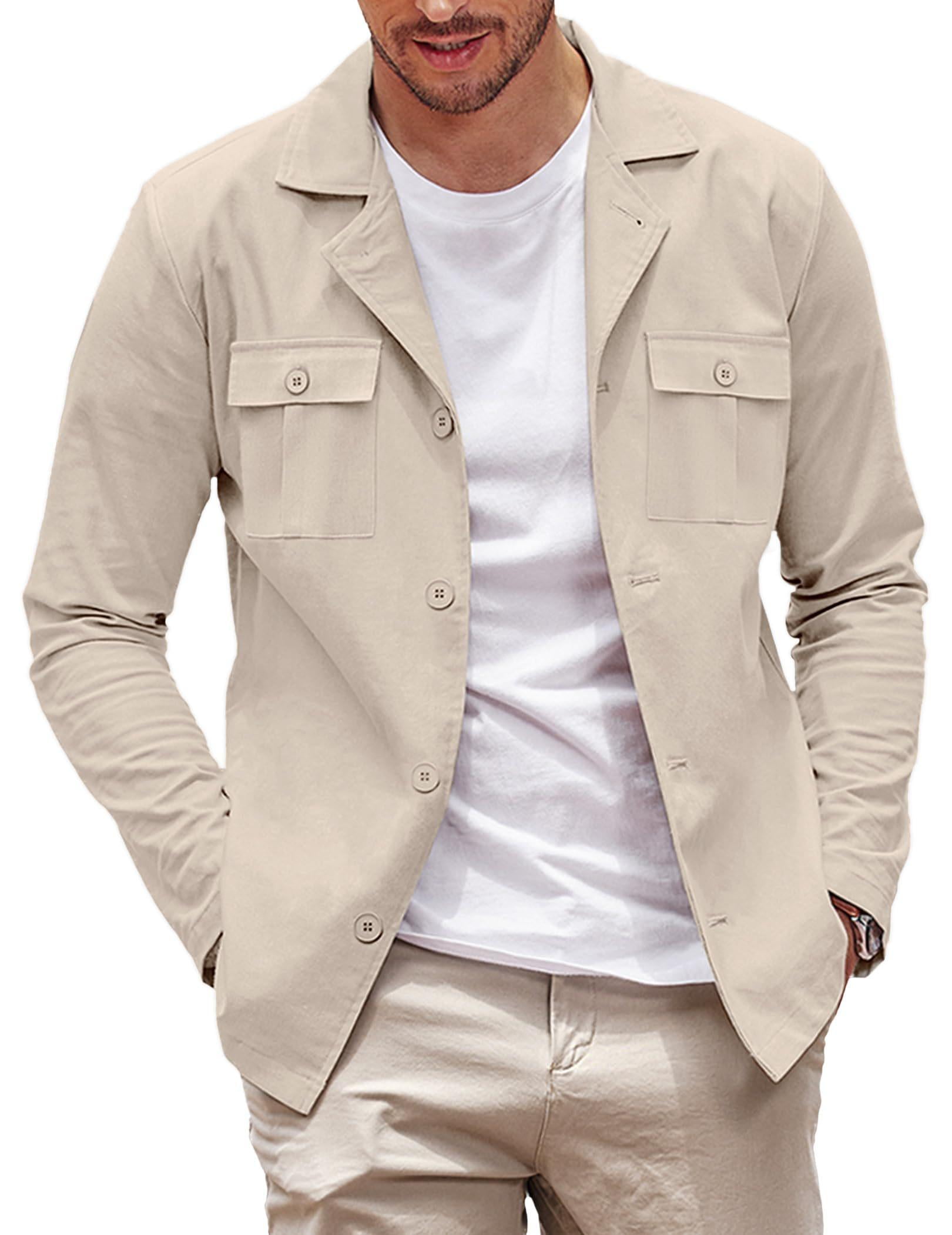 ELESOL Men's Casual Shirt Jacket Cotton Linen Shacket Lightweight Work ...