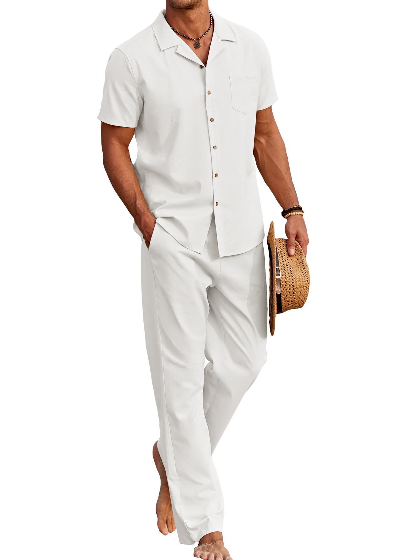 COOFANDY Mens Casual Linen 2 Piece Outfit Set Cotton Beach Pant ...