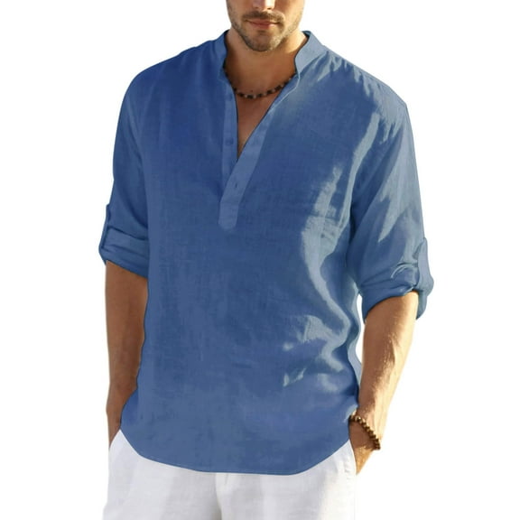 Cotton Linen Henley T-Shirt for Men Long Sleeve Stand Collar Hippie ...