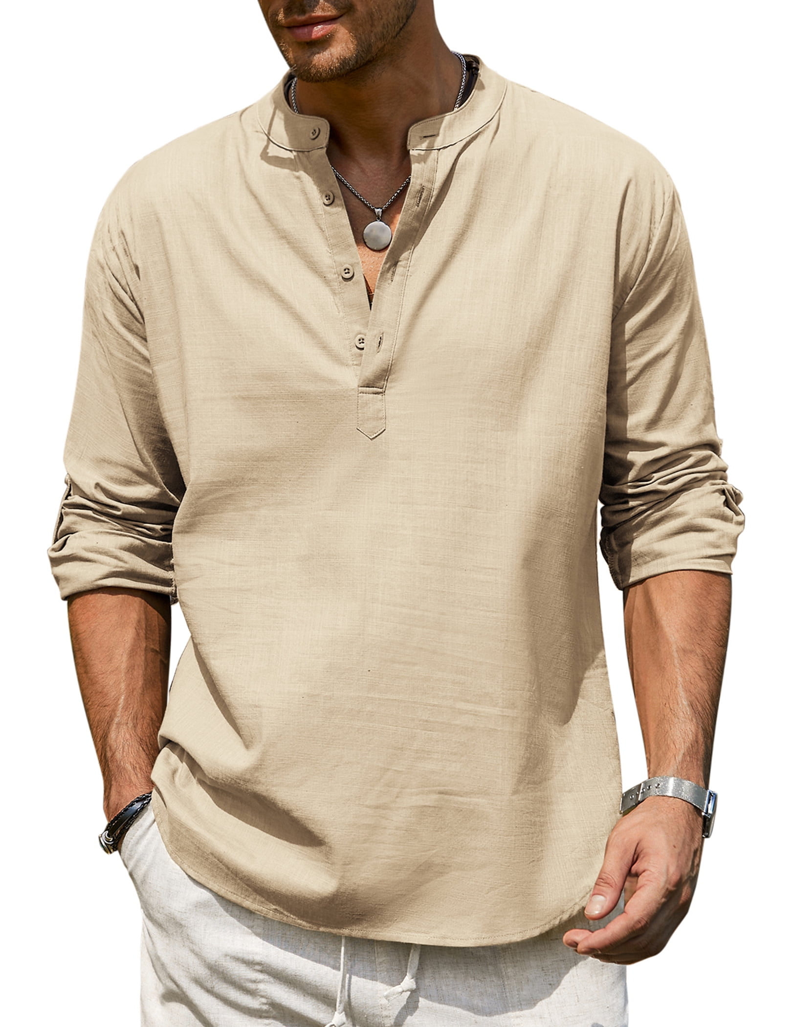 Coshow Men's Cotton Henley Shirt, Lightweight Breathable Long Sleeve ...