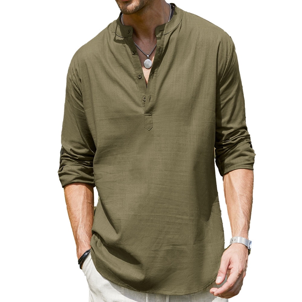 COOFANDY Men's Cotton Linen Henley Shirt Long Sleeve Hippie Casual ...