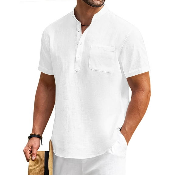 FRSASU Men's Casual Cotton and Linen Henley Shirt Short Sleeve Band ...