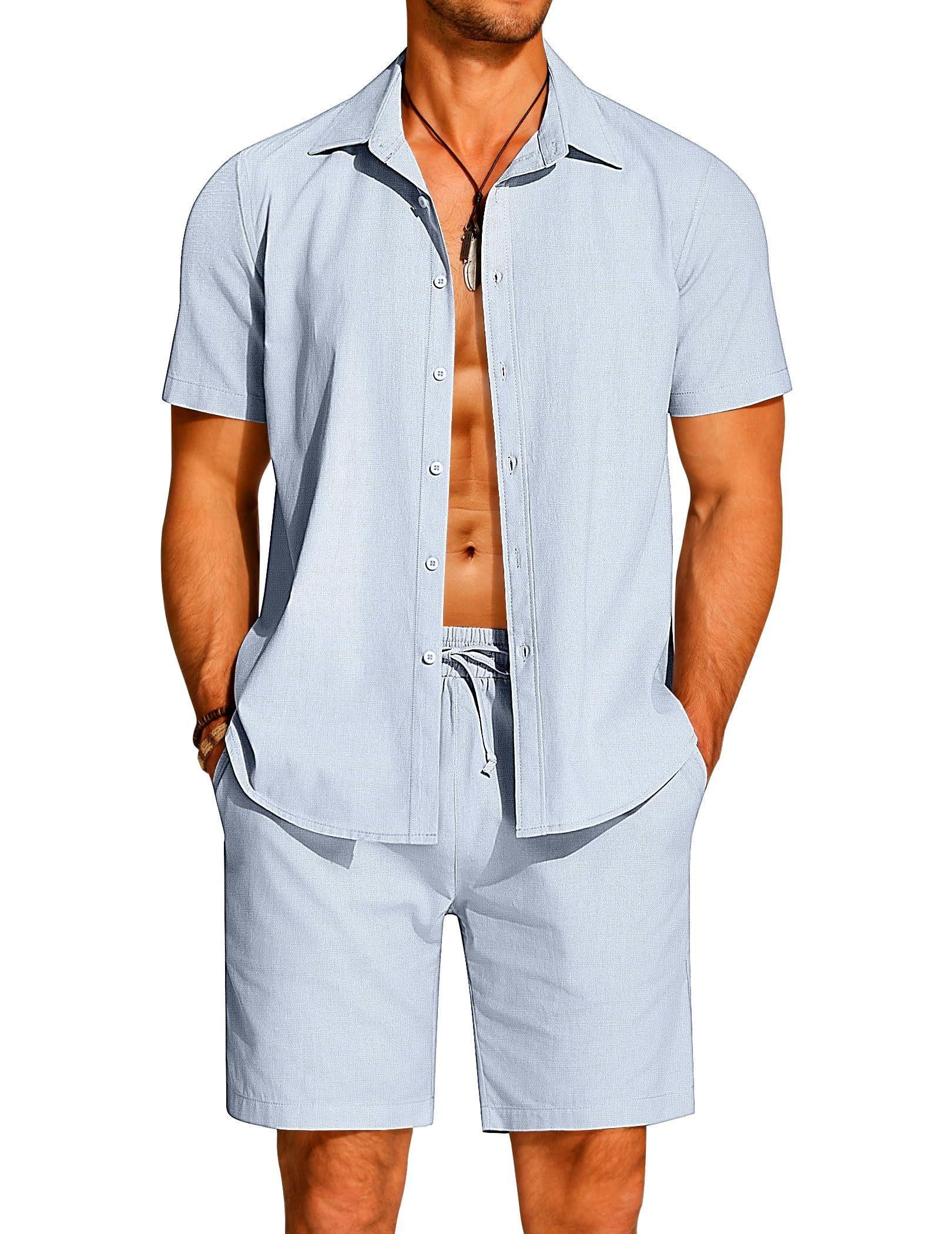 COOFANDY Men's Cotton Linen Shirts Button Down Shirt Beach Shorts 2 ...