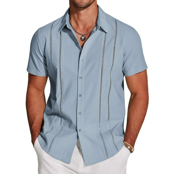 FRSASU Mens Linen Short Sleeve Plaid Shirt Cuban Guayabera Button Down ...