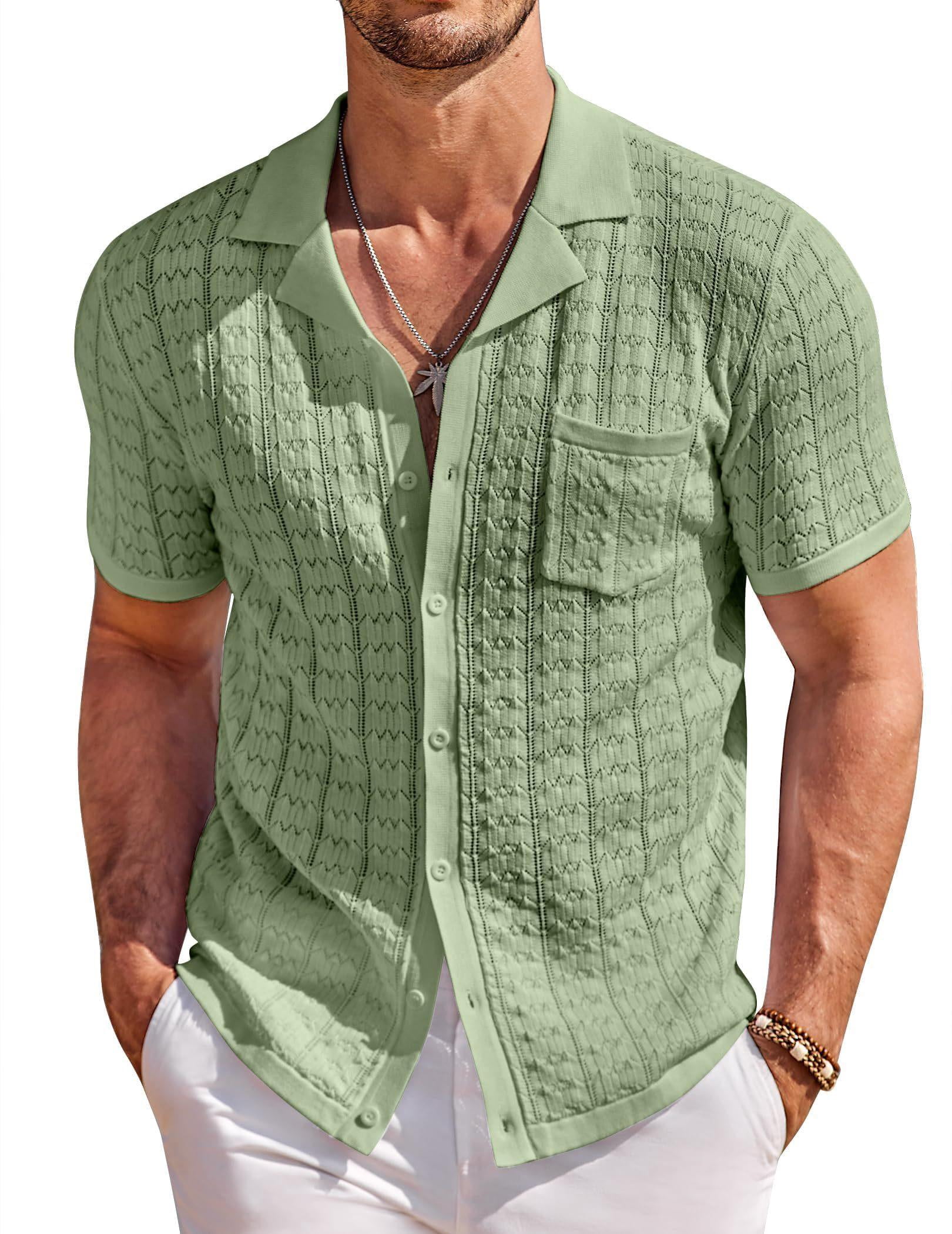 COOFANDY Men's Knit Button Down Shirt Short Sleeve Vintage Polo Shirts ...