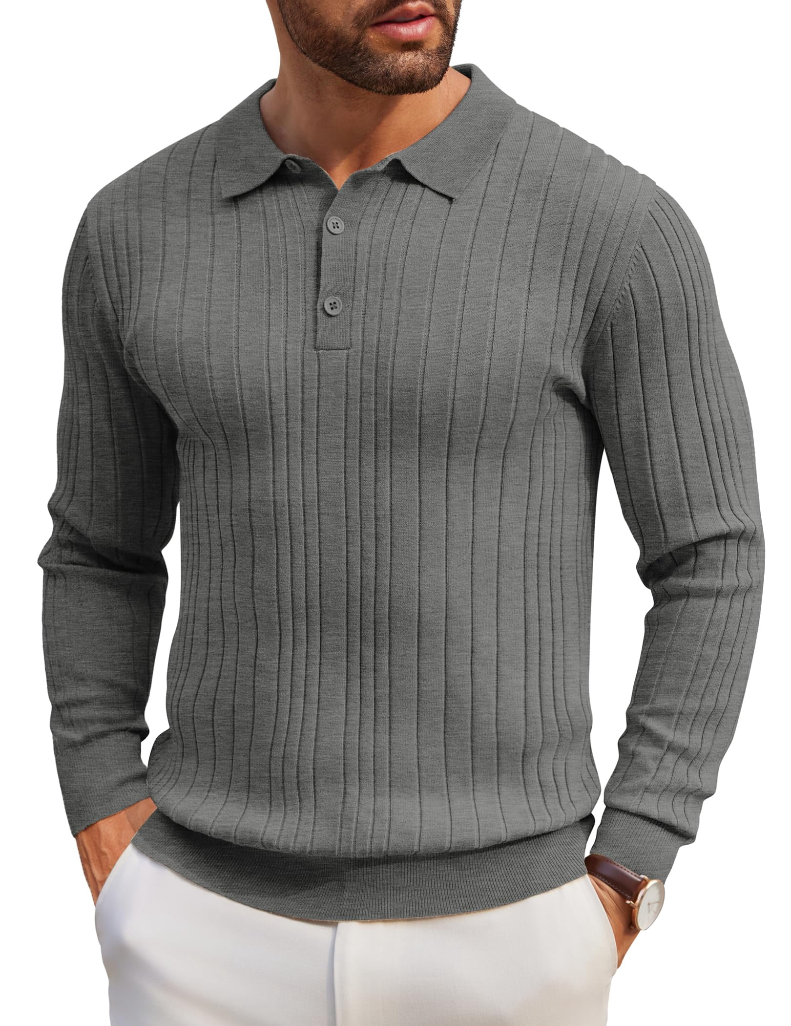 COOFANDY Men's Knit Polo Shirts Long Sleeve Casual Button Down Ribbed ...