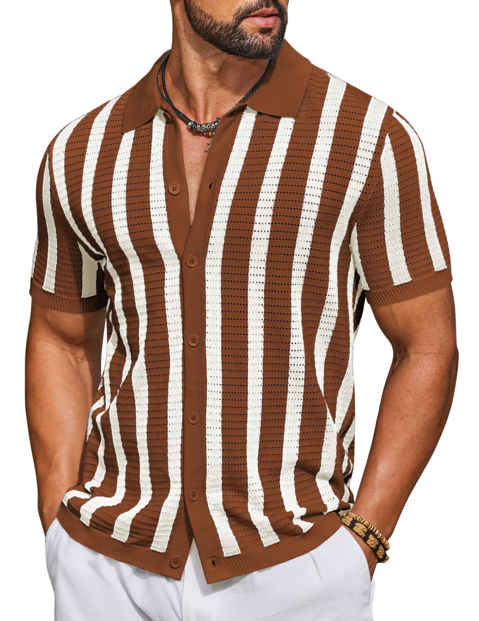 COOFANDY Men's Knit Shirts Short Sleeve Button Down Polo Shirt Striped ...
