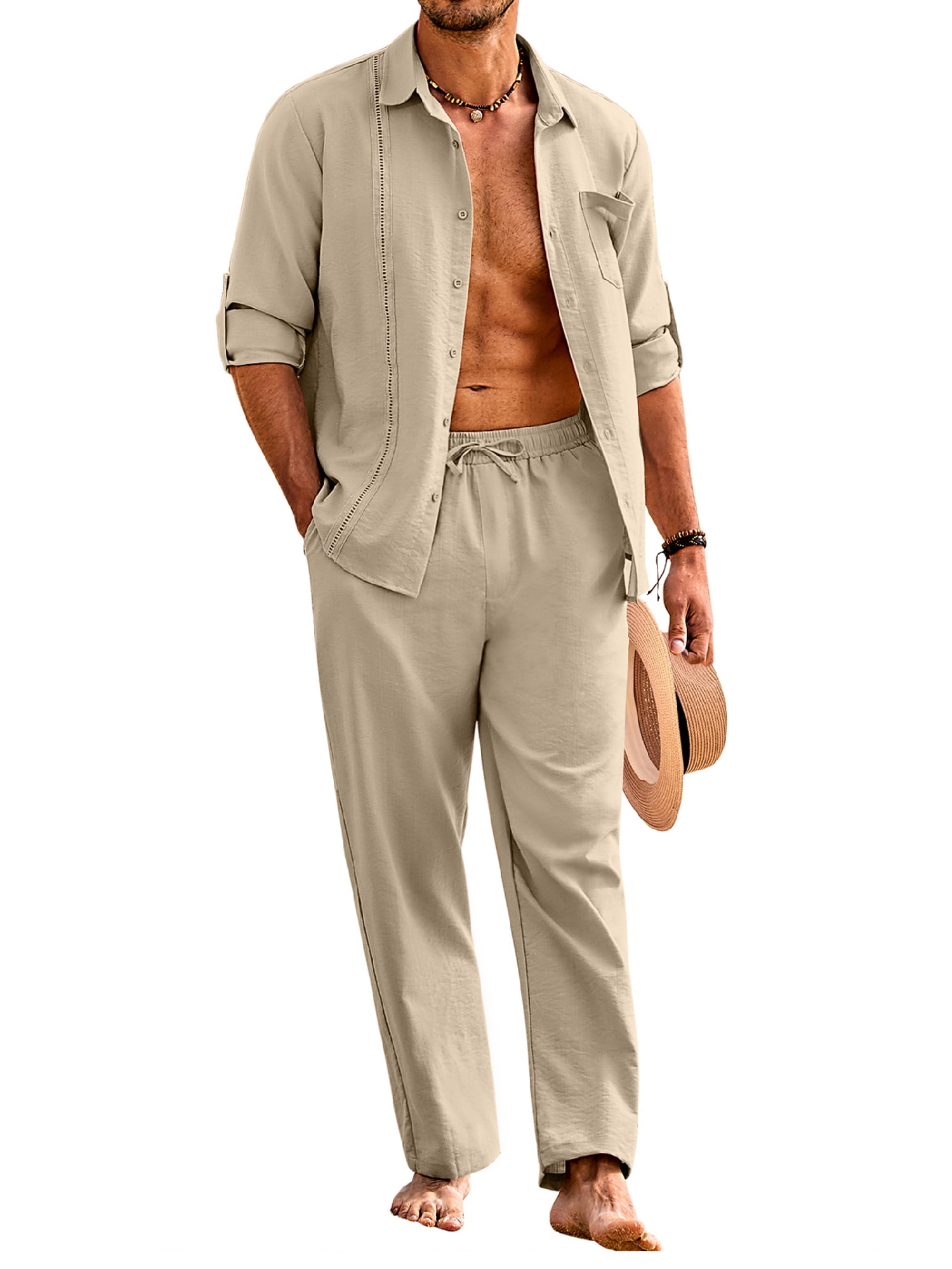 COOFANDY Men's Linen 2 Piece Set Long Sleeve Button Down Cuban Shirt ...