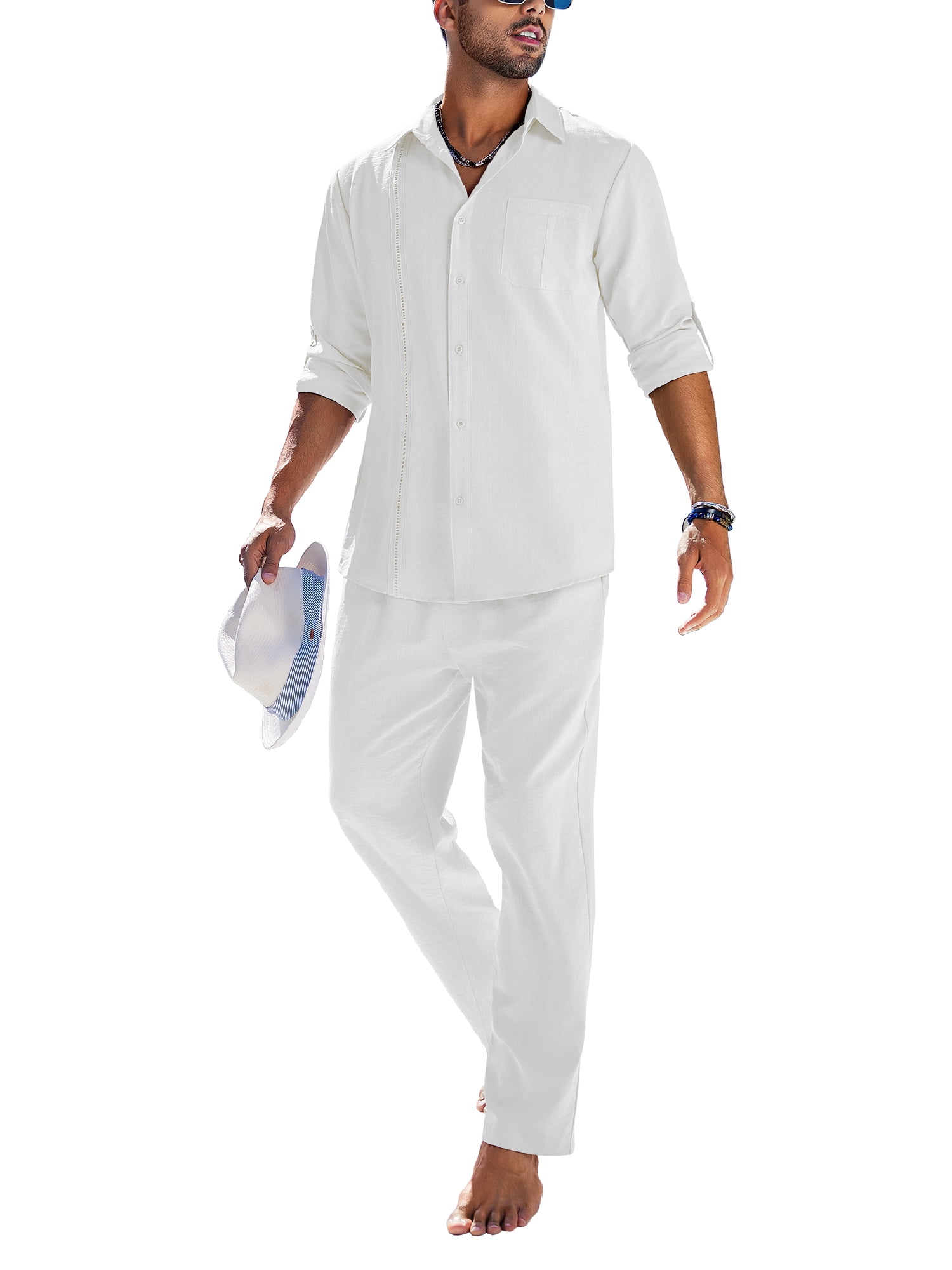 COOFANDY Men's Linen 2 Piece Set Long Sleeve Button Down Cuban Shirt ...