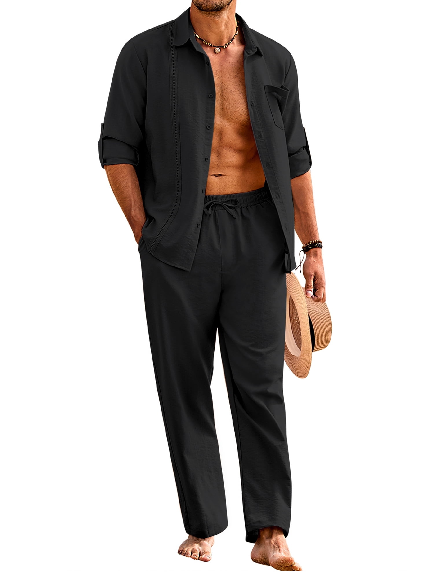 Coshow Men's Linen 2 Piece Set Long Sleeve Button Down Cuban Shirt and ...
