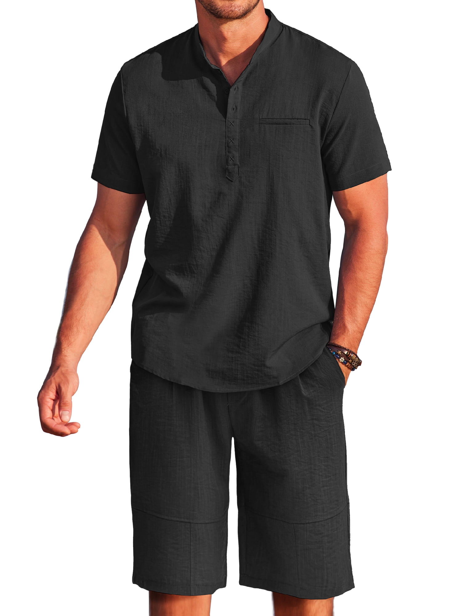 COOFANDY Men's Linen Set 2 Piece Short Sleeve Henley Shirts and Shorts Summer Beach Yoga Casual ...