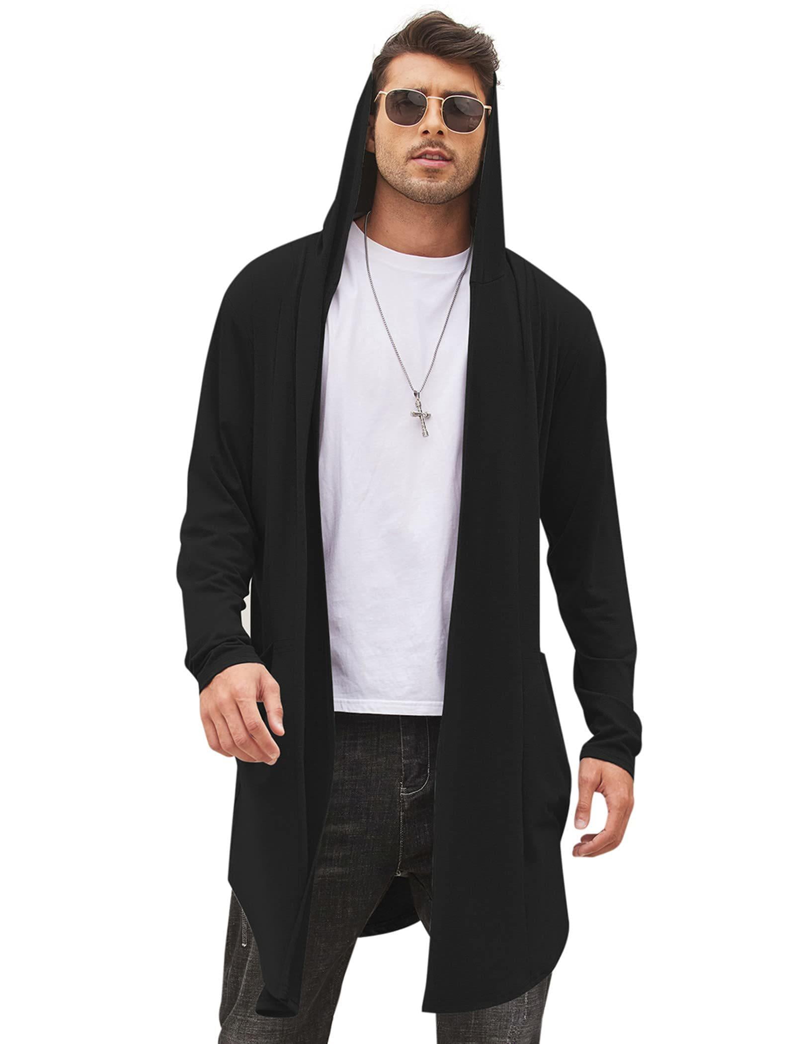 COOFANDY Men's Long Hooded Cardigan Shawl Collar Lightweight Open Front ...