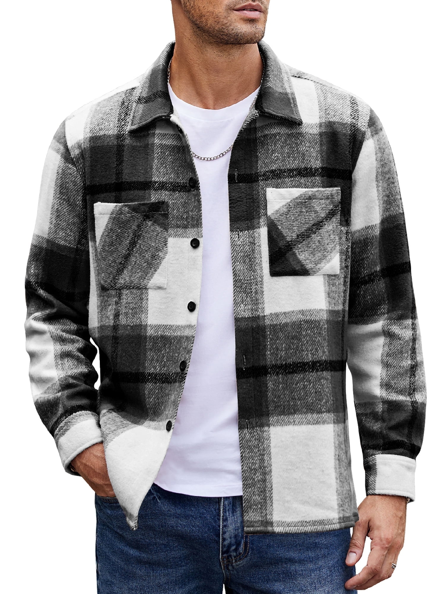 Coshow Men's Long Sleeve Button Down Flannel Shirt Jacket Casual Plaid ...