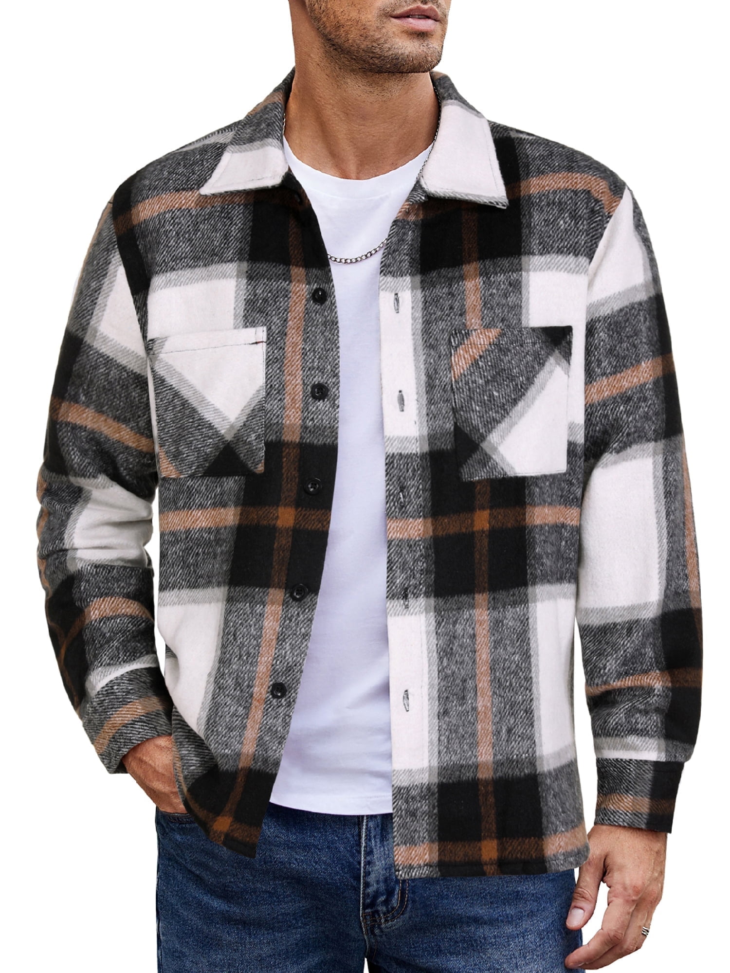 Coshow Men's Long Sleeve Button Down Flannel Shirt Jacket Casual Plaid ...
