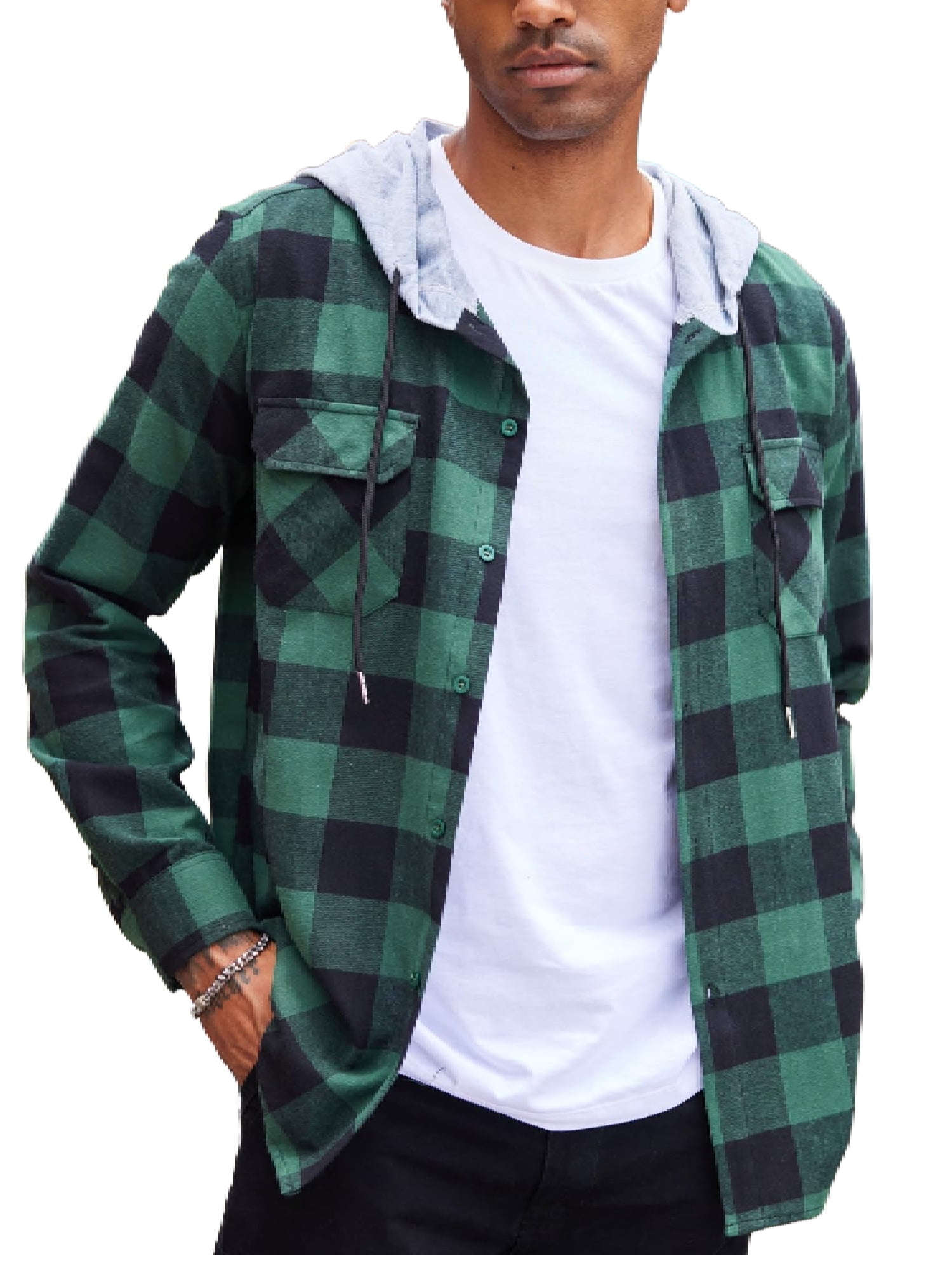Coshow Men's Long Sleeve Plaid Hooded Jacket Casual Flannel Shirt ...