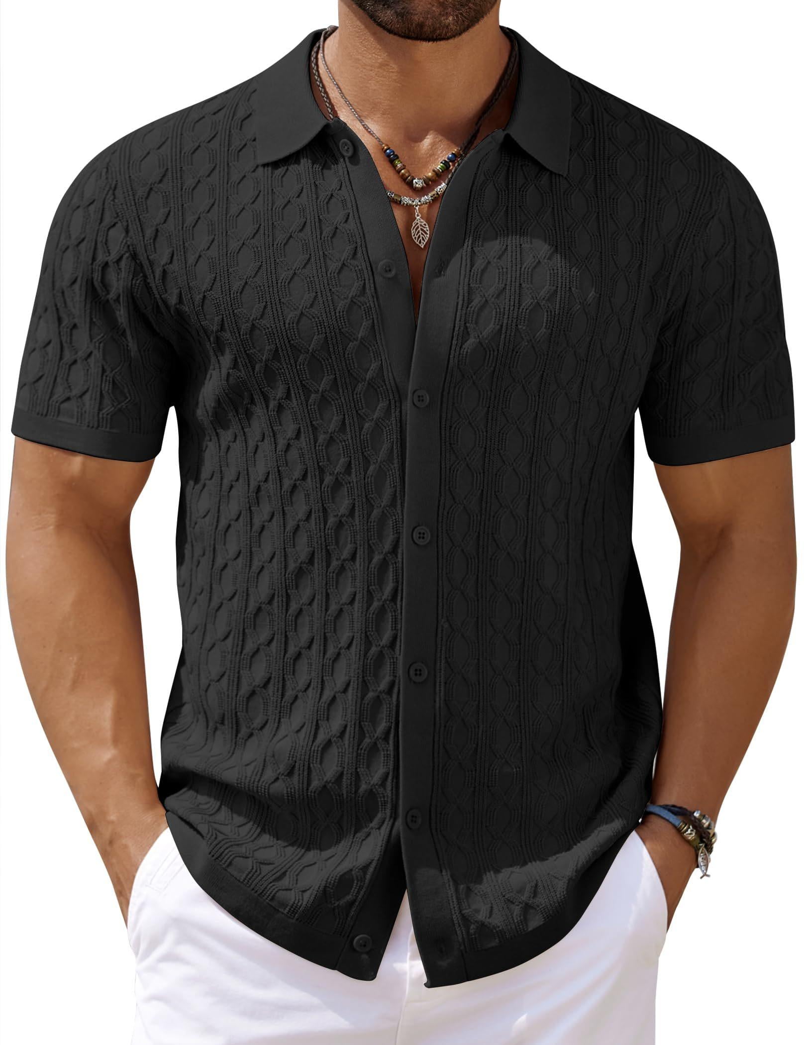 COOFANDY Mens Casual Waffle Knit Shirts Button Up Short Sleeve Shirts ...