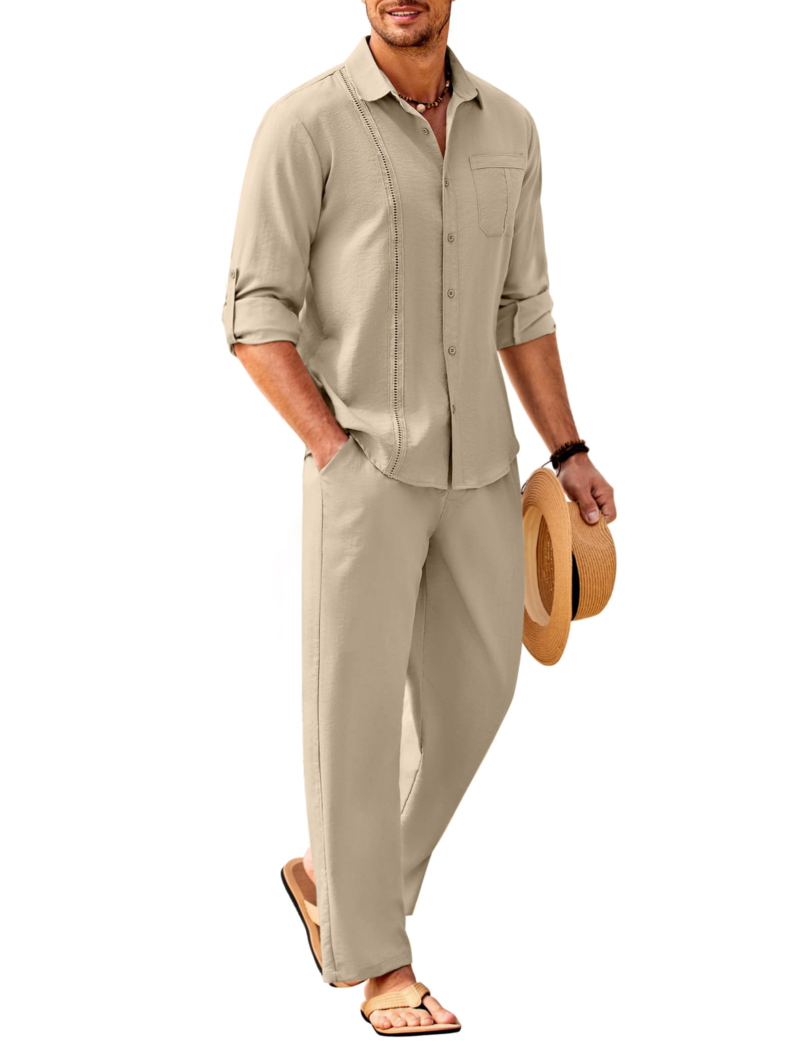 COOFANDY Mens Coordinated Outfit Linen Shirt and Pant Set 2 Piece Beach ...