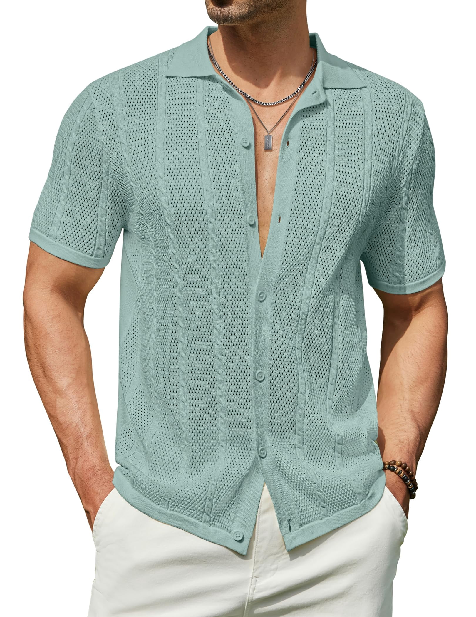 COOFANDY Mens Knitted Polo Shirt Summer Button Up Shirts Short Sleeve ...