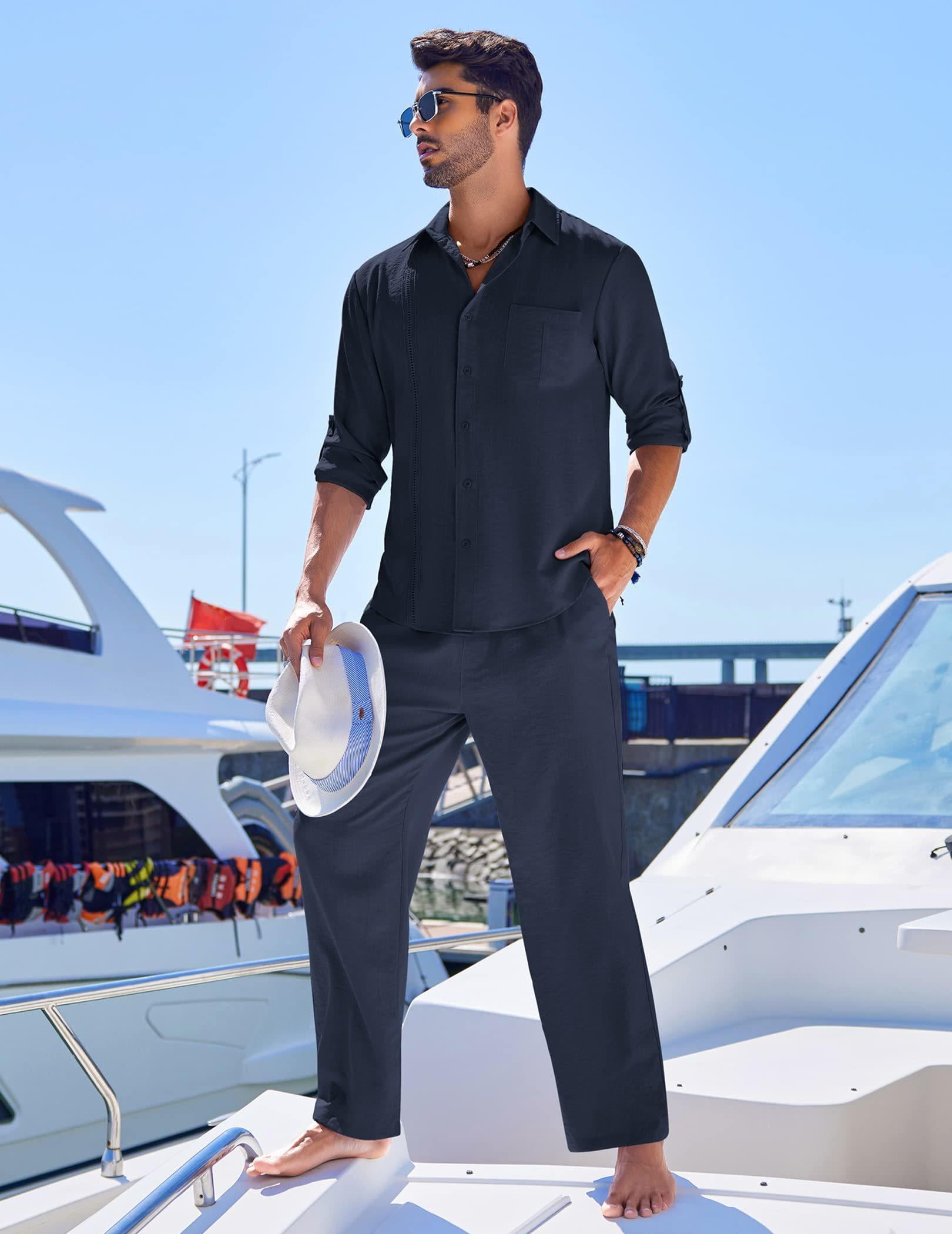 COOFANDY Mens Coordinated Outfit Linen Shirt Pants Beach 2 Pieces ...