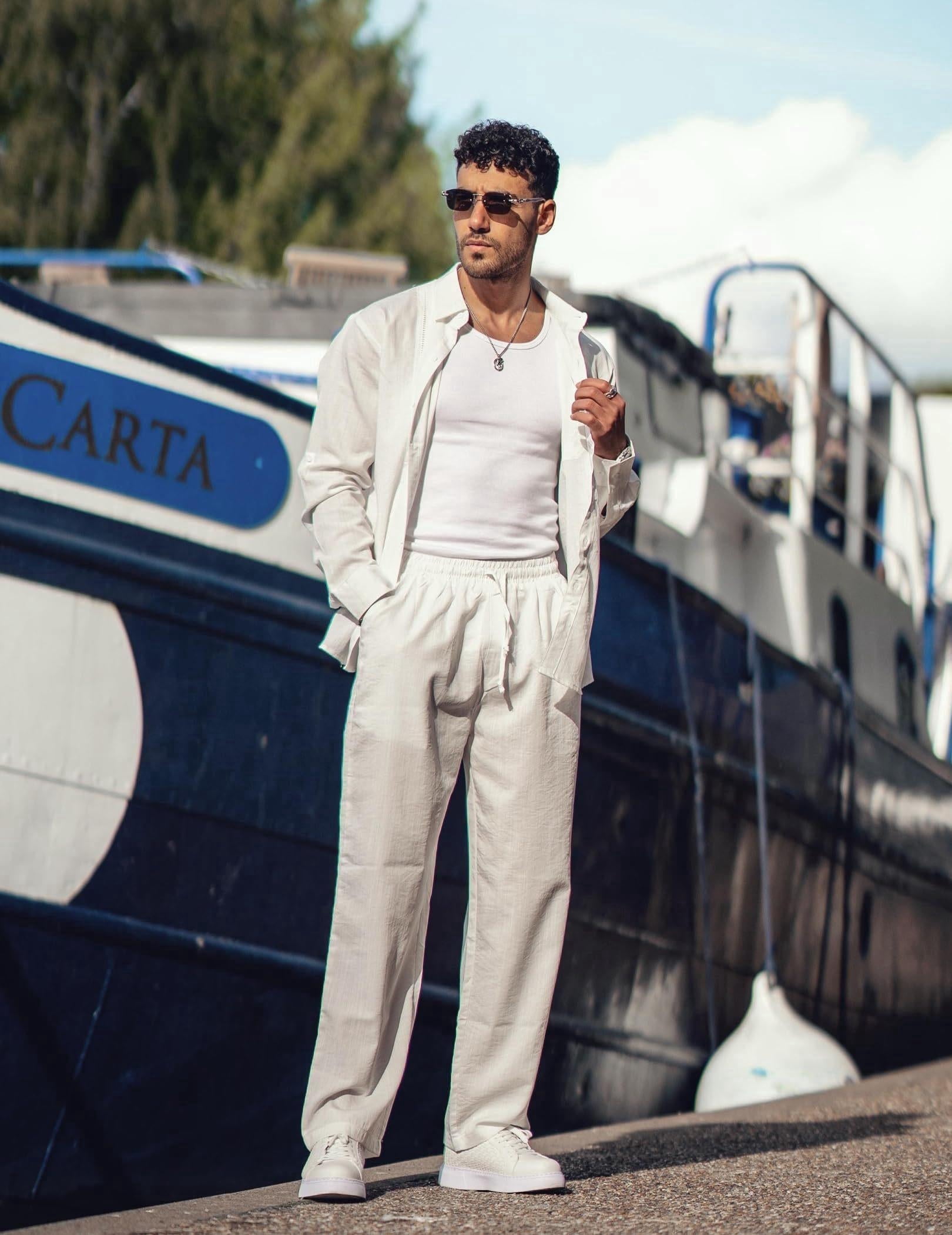 COOFANDY Mens Coordinated Outfit All White Hawaiian Shirt and Linen ...