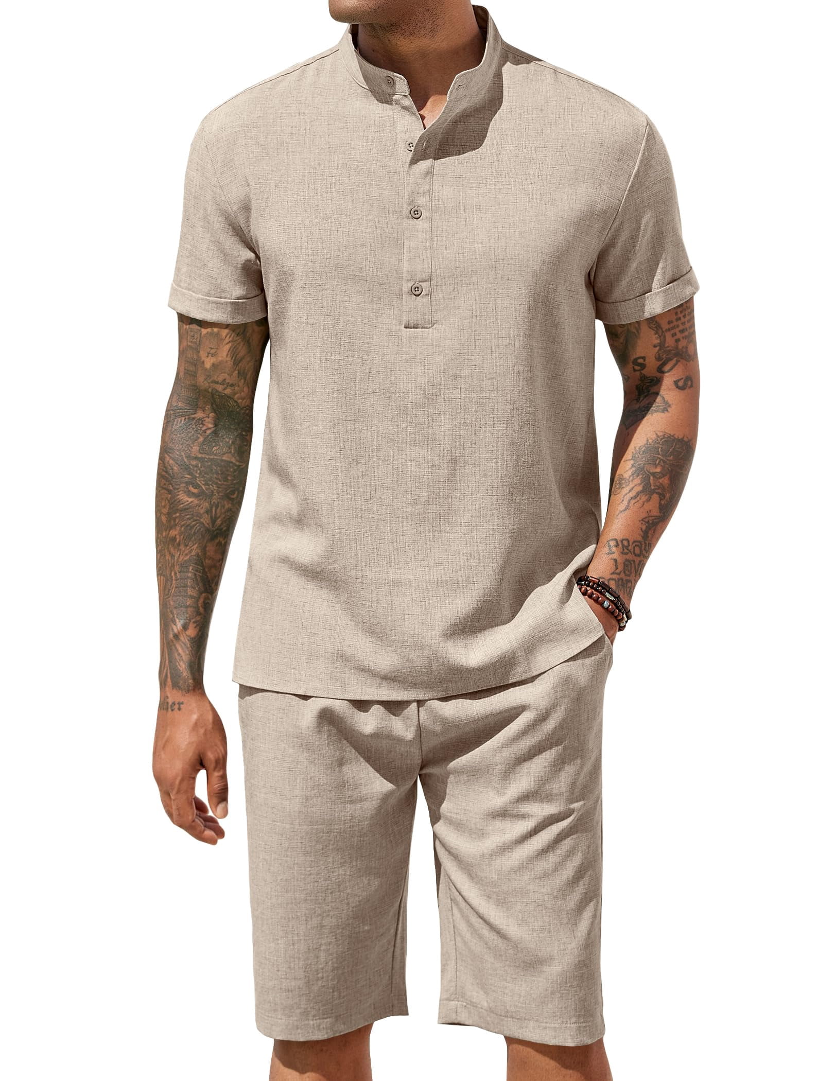 COOFANDY Mens Linen Sets 2 Pieces Short Sets Outfits Vacation Shirt ...