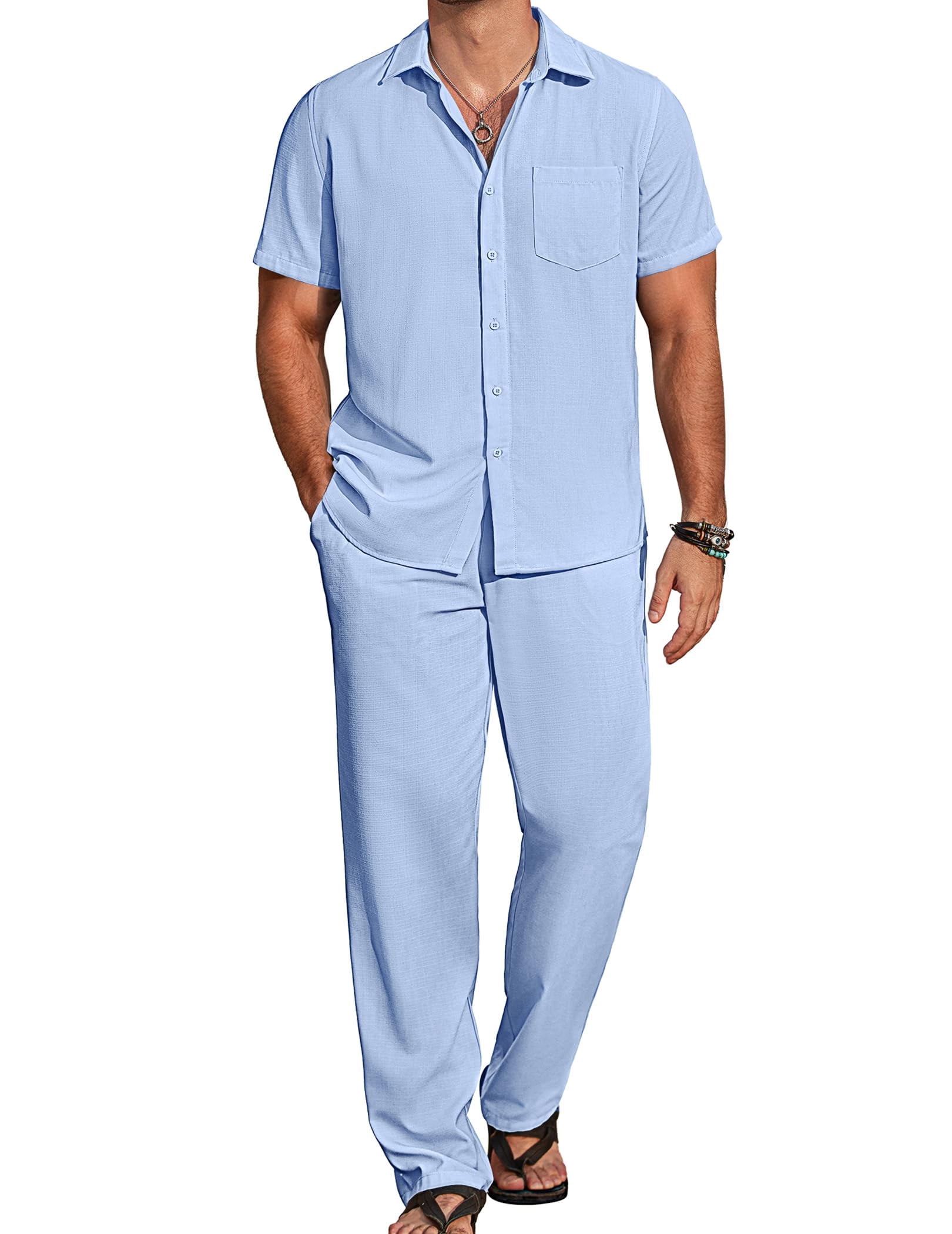 COOFANDY Mens Linen Sets Outfits 2 Piece Short Sleeve Button Down ...