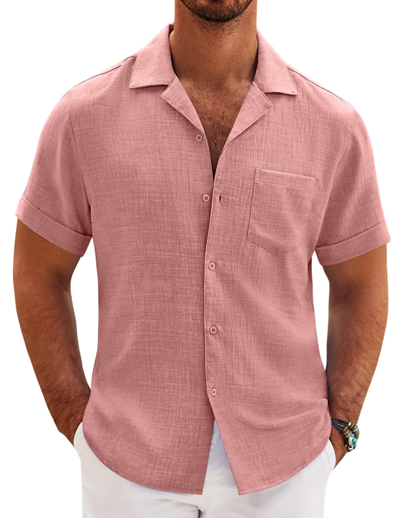 COOFANDY Mens Linen Shirts Short Sleeve Cuban Collar Beach Shirt ...