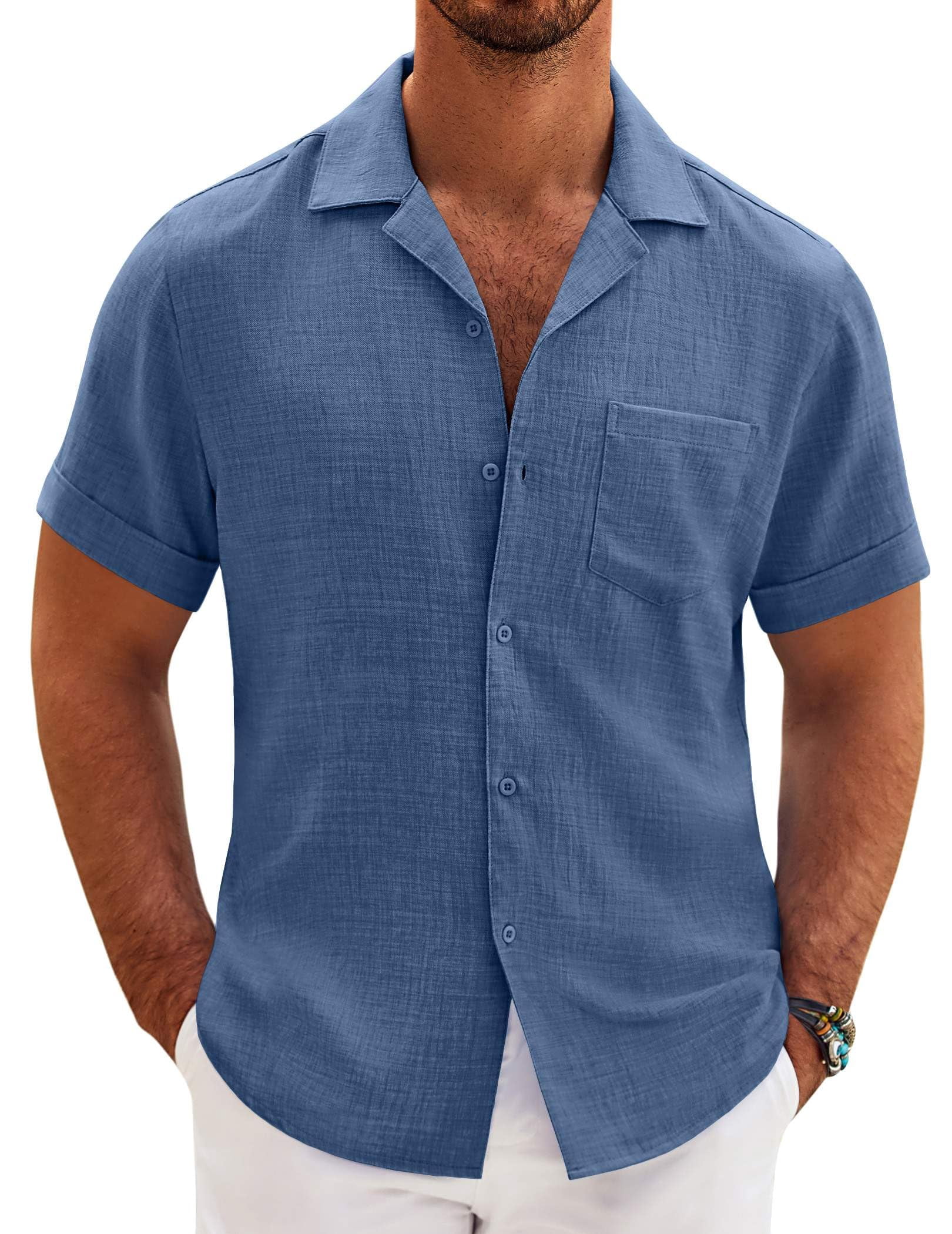 COOFANDY Mens Linen Shirts Short Sleeve Cuban Collar Beach Shirt ...