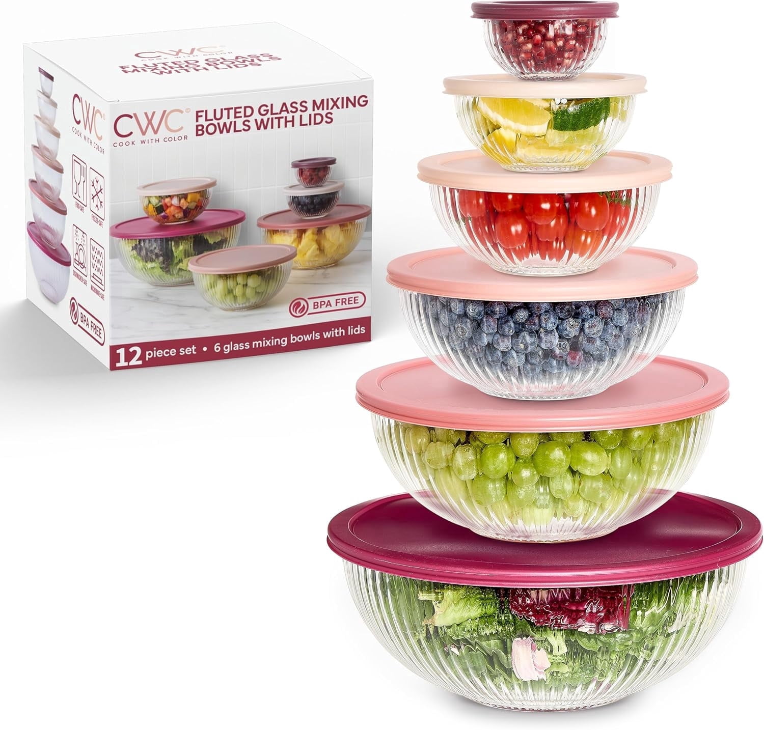 COOK WITH COLOR Glass Mixing Bowls with Lids for Baking and Meal Prep ...