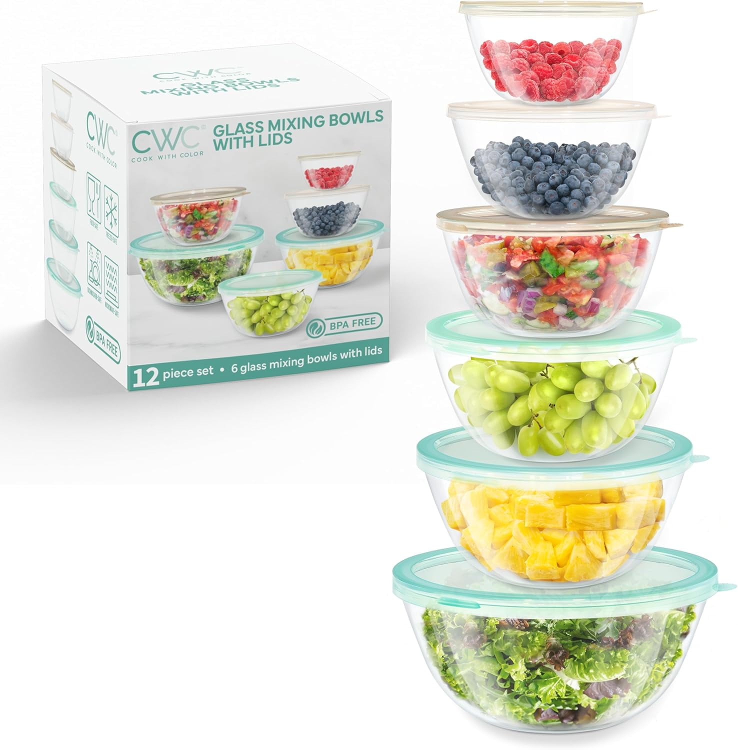 COOK WITH COLOR 12 Pc Glass Mixing Bowl Set with Lids – Borosilicate ...