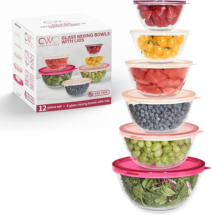 COOK WITH COLOR 12 Pc Glass Mixing Bowl Set with Lids – Borosilicate ...