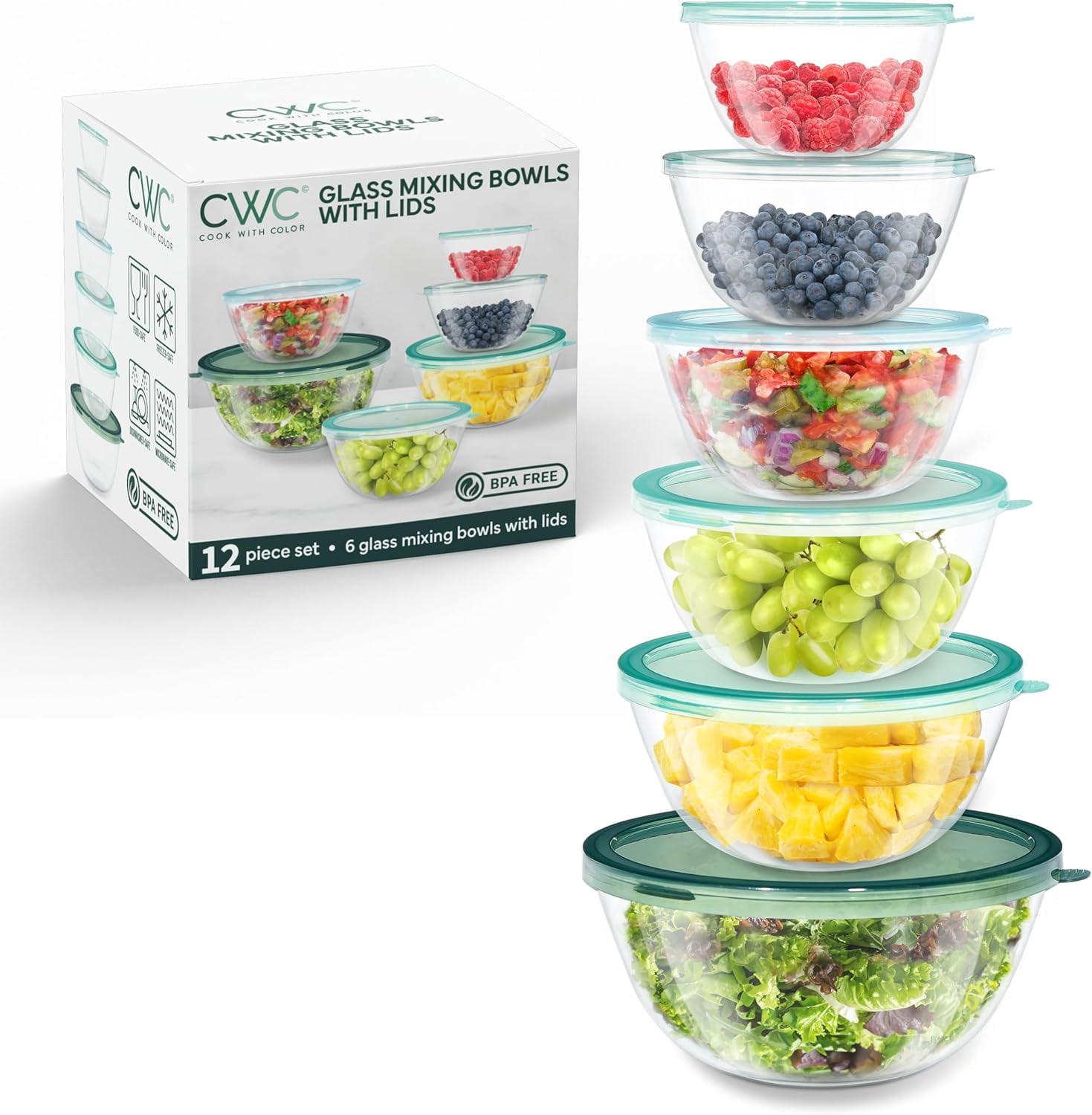 COOK WITH COLOR 12 Pc Glass Mixing Bowl Set with Lids – Borosilicate ...
