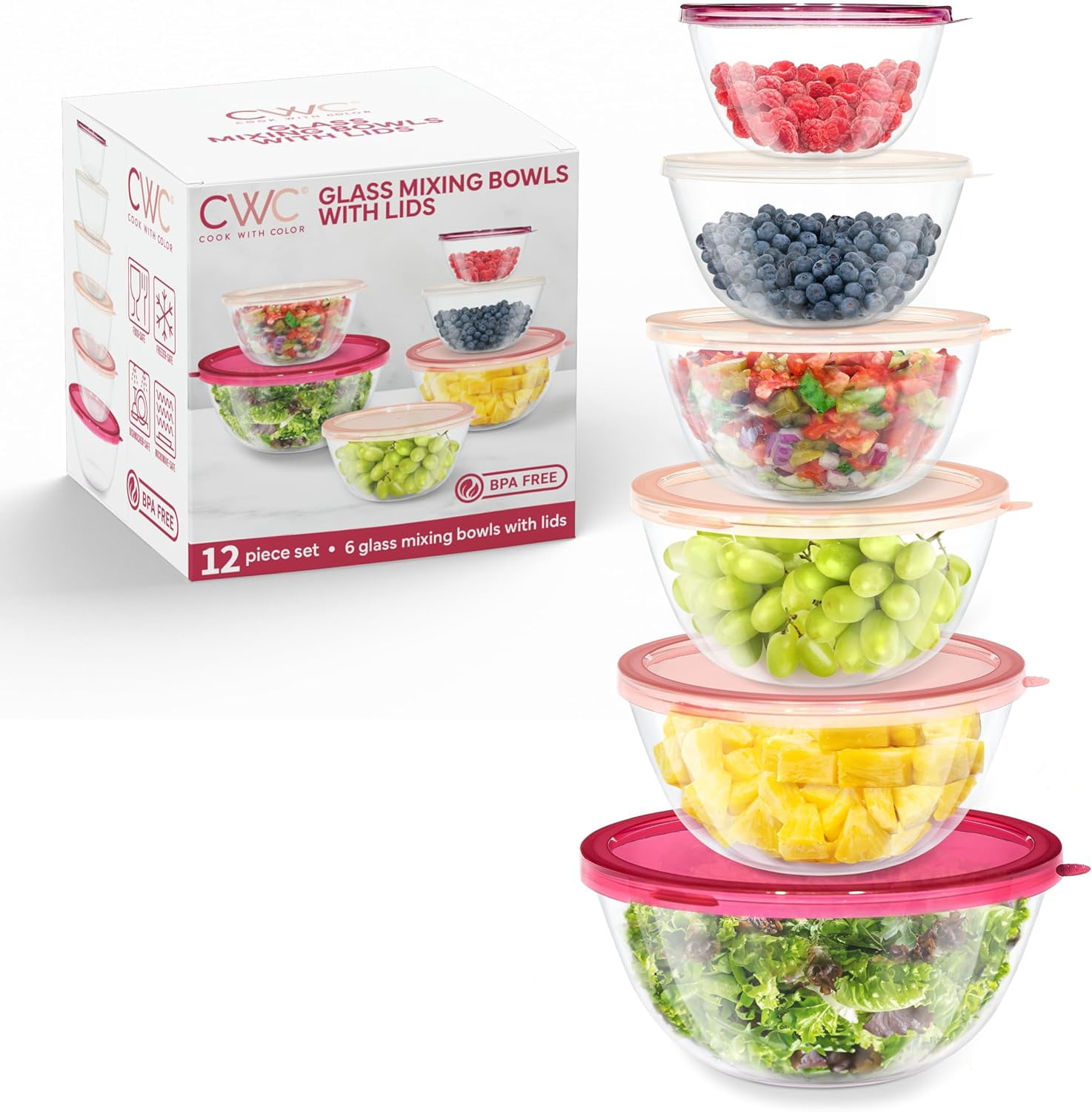 COOK WITH COLOR 12 Pc Glass Mixing Bowl Set with Lids – Borosilicate ...