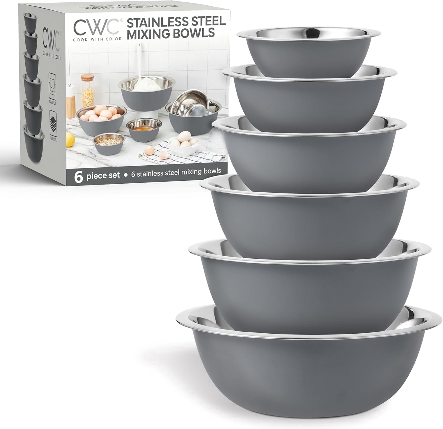 COOK WITH COLOR Stainless Steel Mixing Bowls Set 6-pcs, Nesting Mixing ...