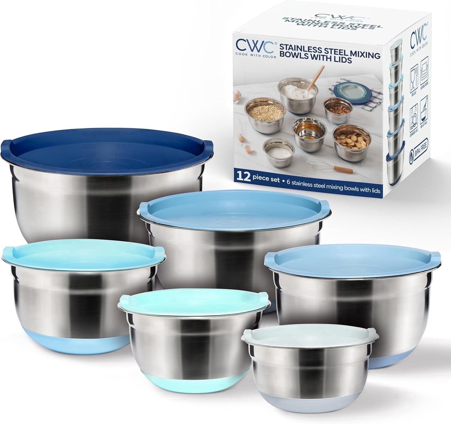 COOK WITH COLOR, Stainless Steel Mixing Bowls Set, 12 Pieces, Blue ...