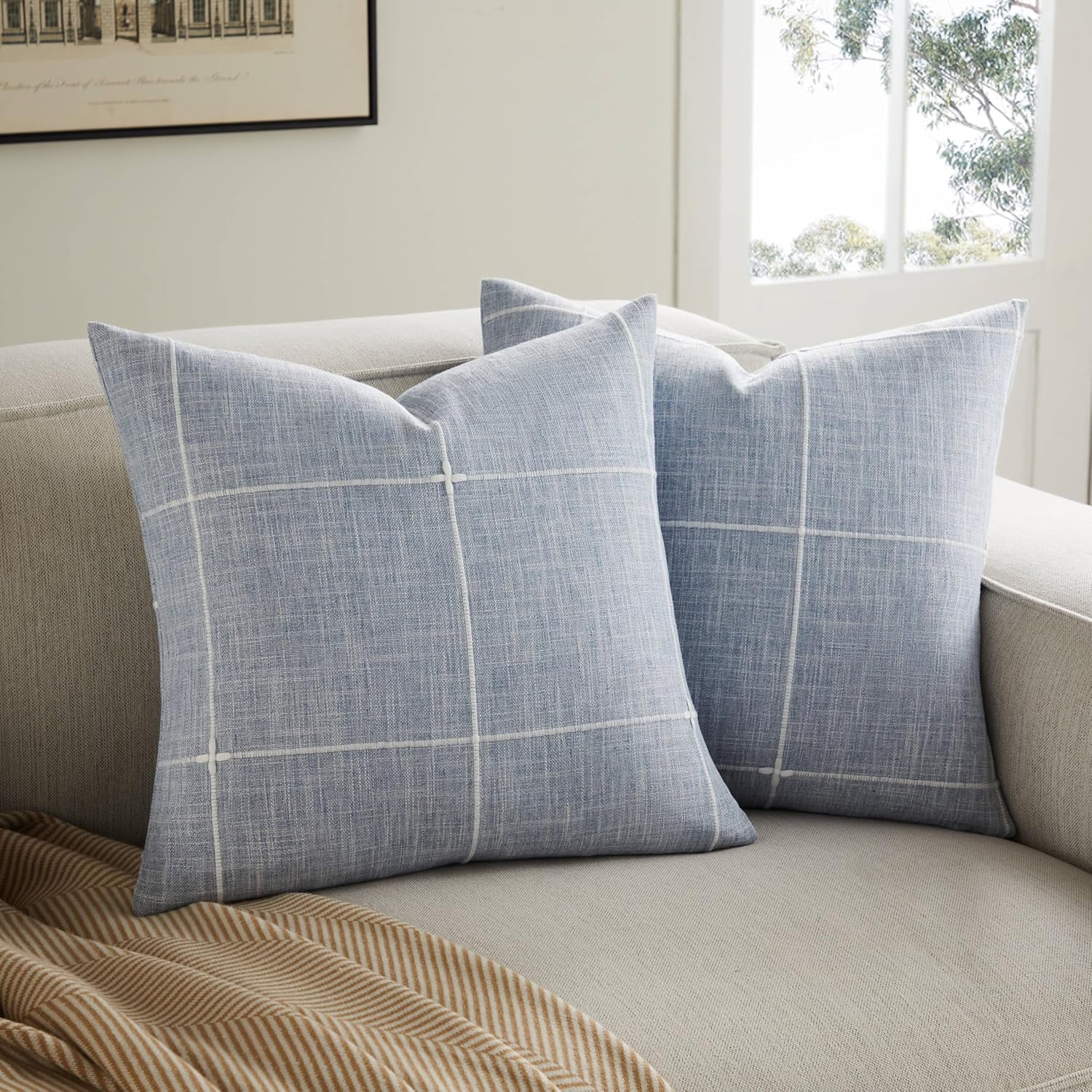 COOKCOK 2 Packs Grid Embroidery Throw Pillow Covers, 18x18 Inch Taupe ...