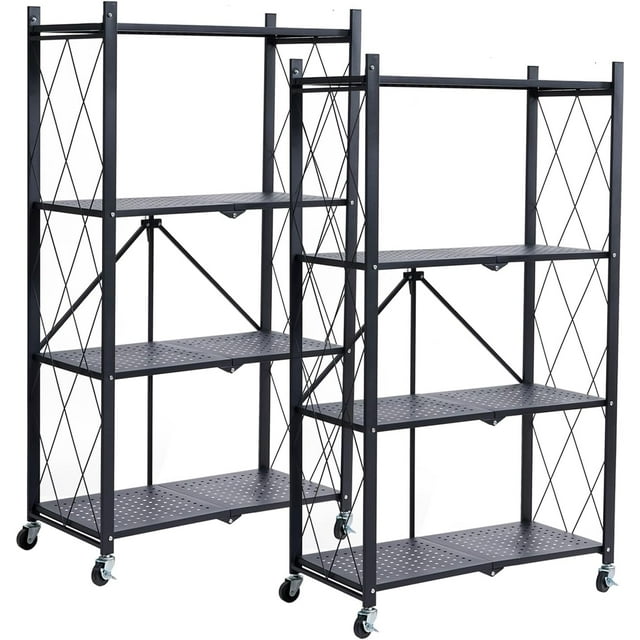 COOKCOK 4-Tier Storage Shelves, Foldable Shelving Units with Wheels, 27 ...