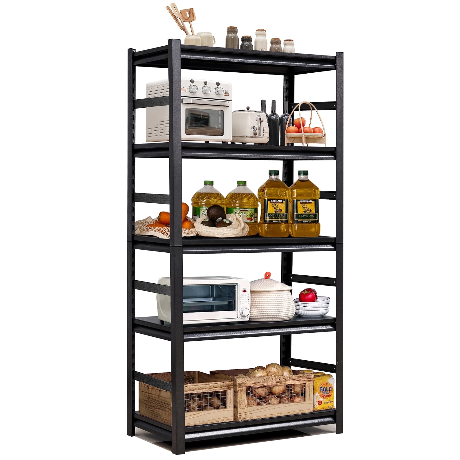 COOKCOK 5-Tier Steel Utility Rack, Adjustable Storage Unit with Wheels ...