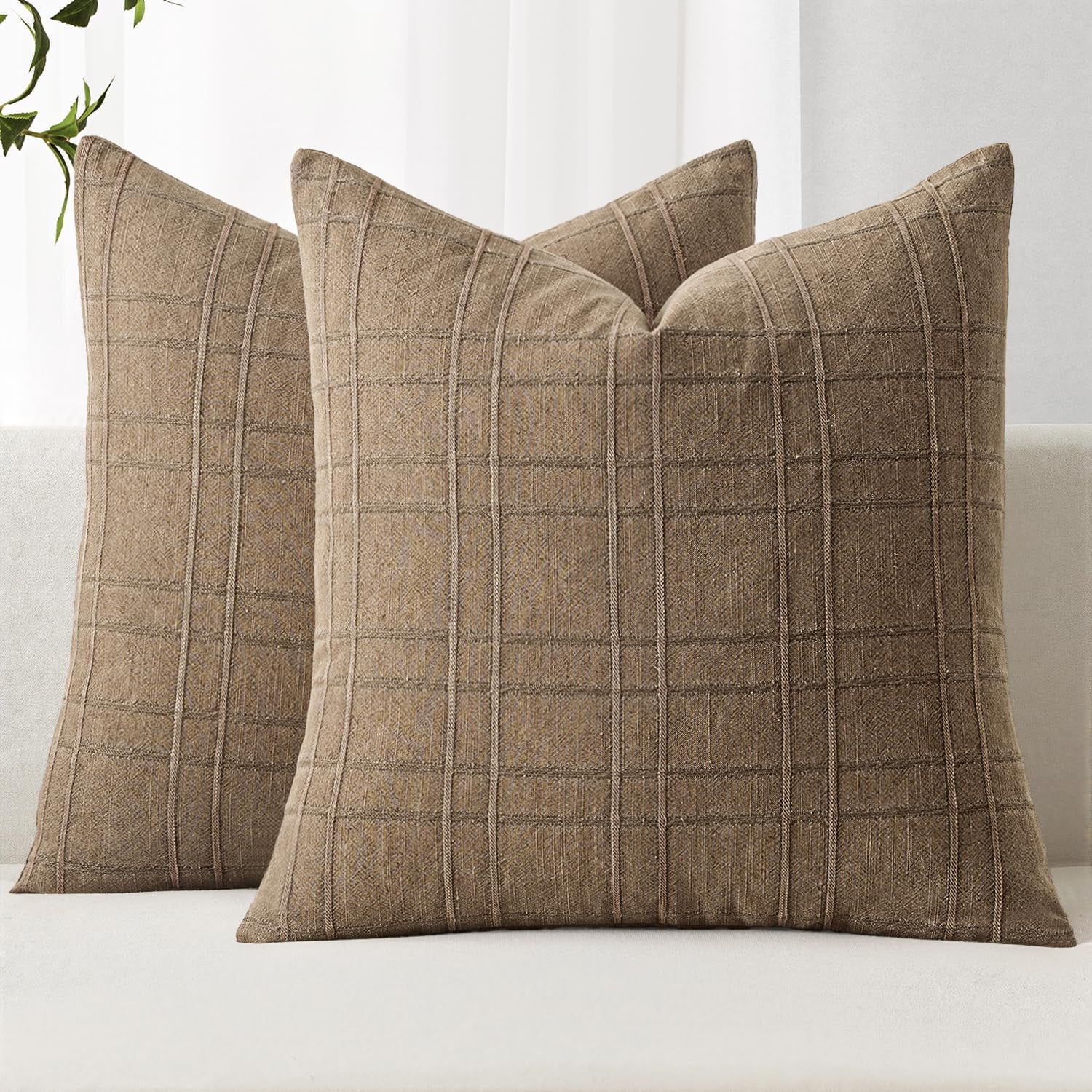 COOKCOK Decorative Linen Check Throw Pillow Covers Neutral Farmhouse ...