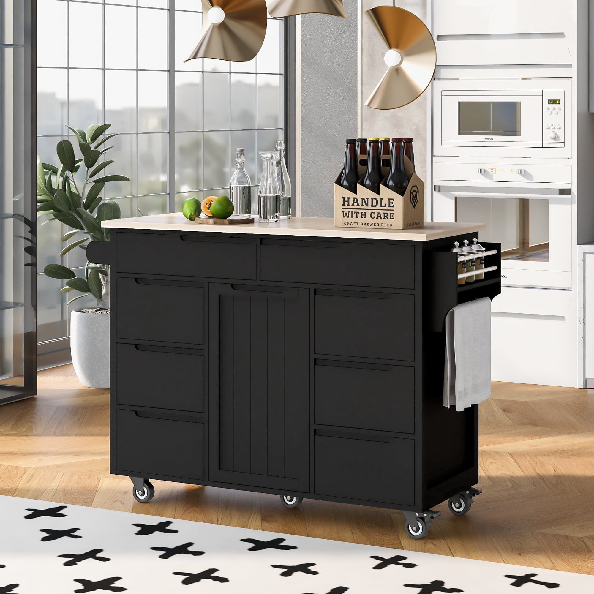 COOKCOK Kitchen Cart with Wood Countertop, Rolling Kitchen Storage ...