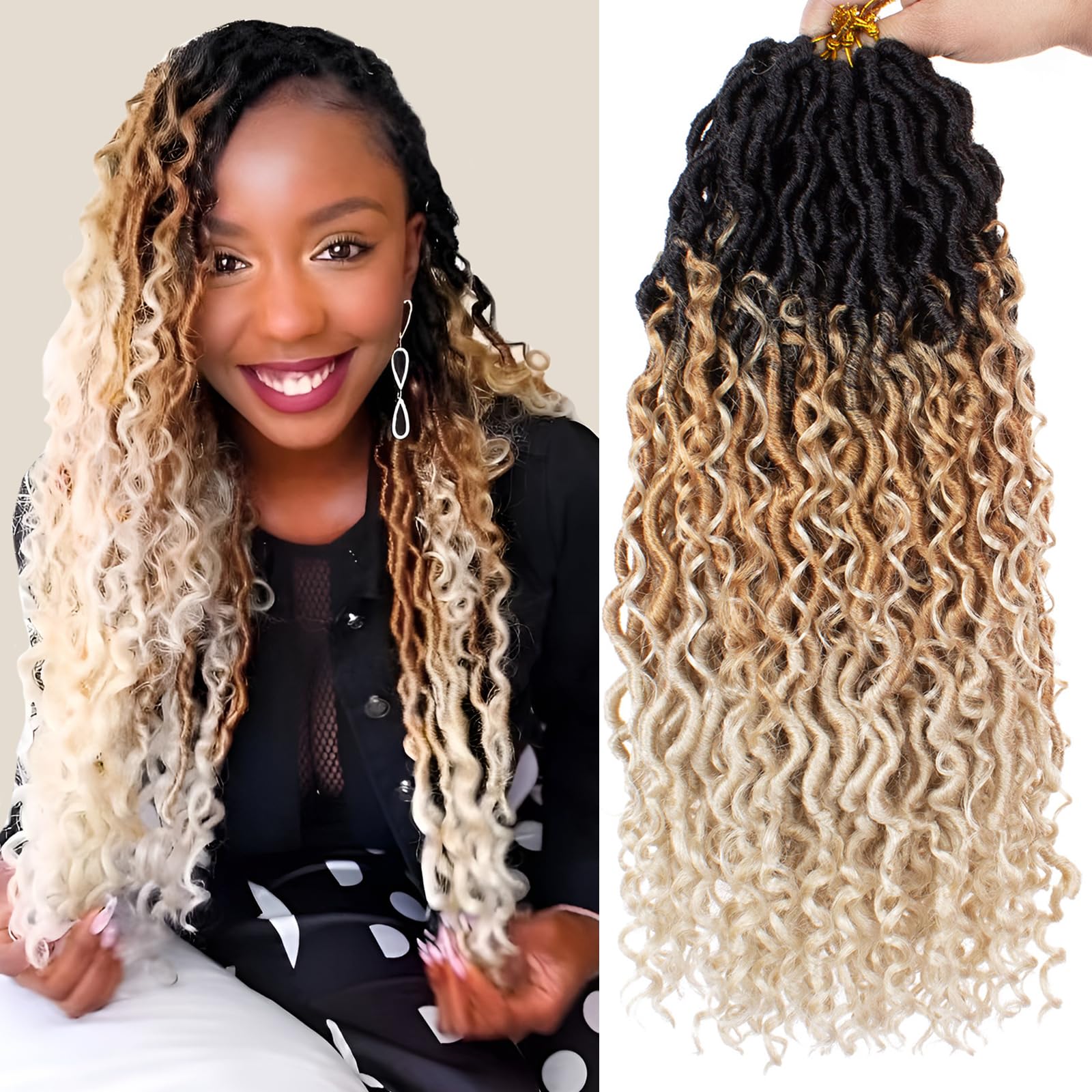 COOKOO 18 Inch 8 PCS Pre Curled Goddess Faux Locs Crochet Hair with Curly Ends 14 Strands/Pack ...