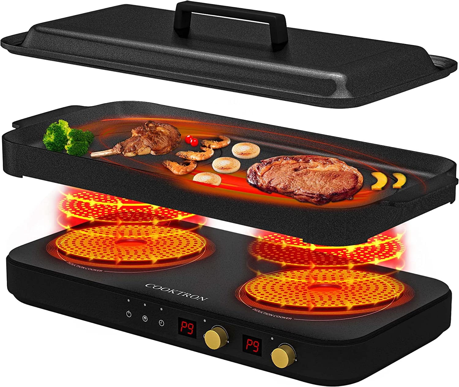 COOKTRON Portable Induction Cooktop 2 Burner with Removable Iron Cast ...