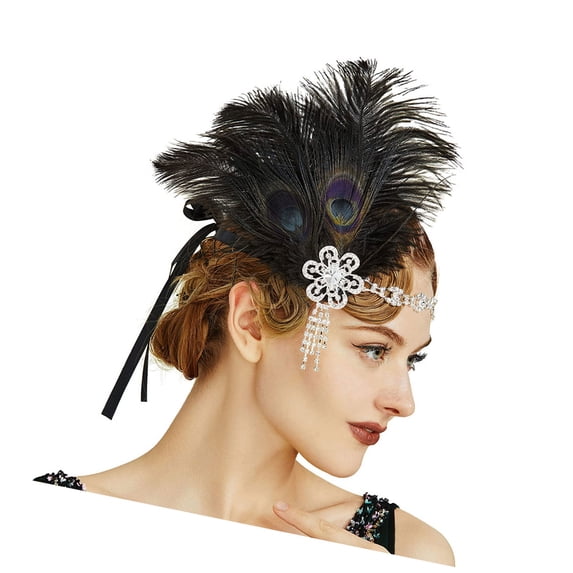 COOLHOOD 1920s Fashion Feathered Hair Band Metal Base Rhinestones Hair ...